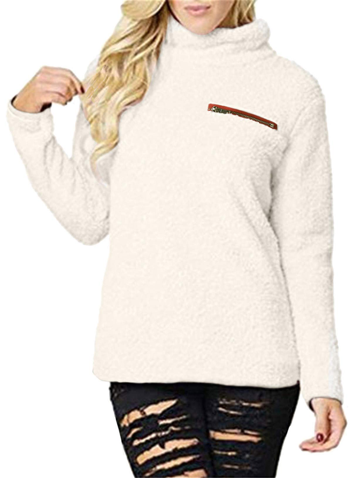 onlypuff Long Sleeve Sherpa Pullover Sweater White Soft Winter Warm up Tunic for Leggings M