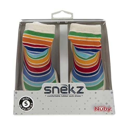 Nuby Snekz Comfortable Rubber Sole Sock Shoes for First Steps- Multi Color Stripes/Rainbow, Small 7-14 Months - 5.5 US