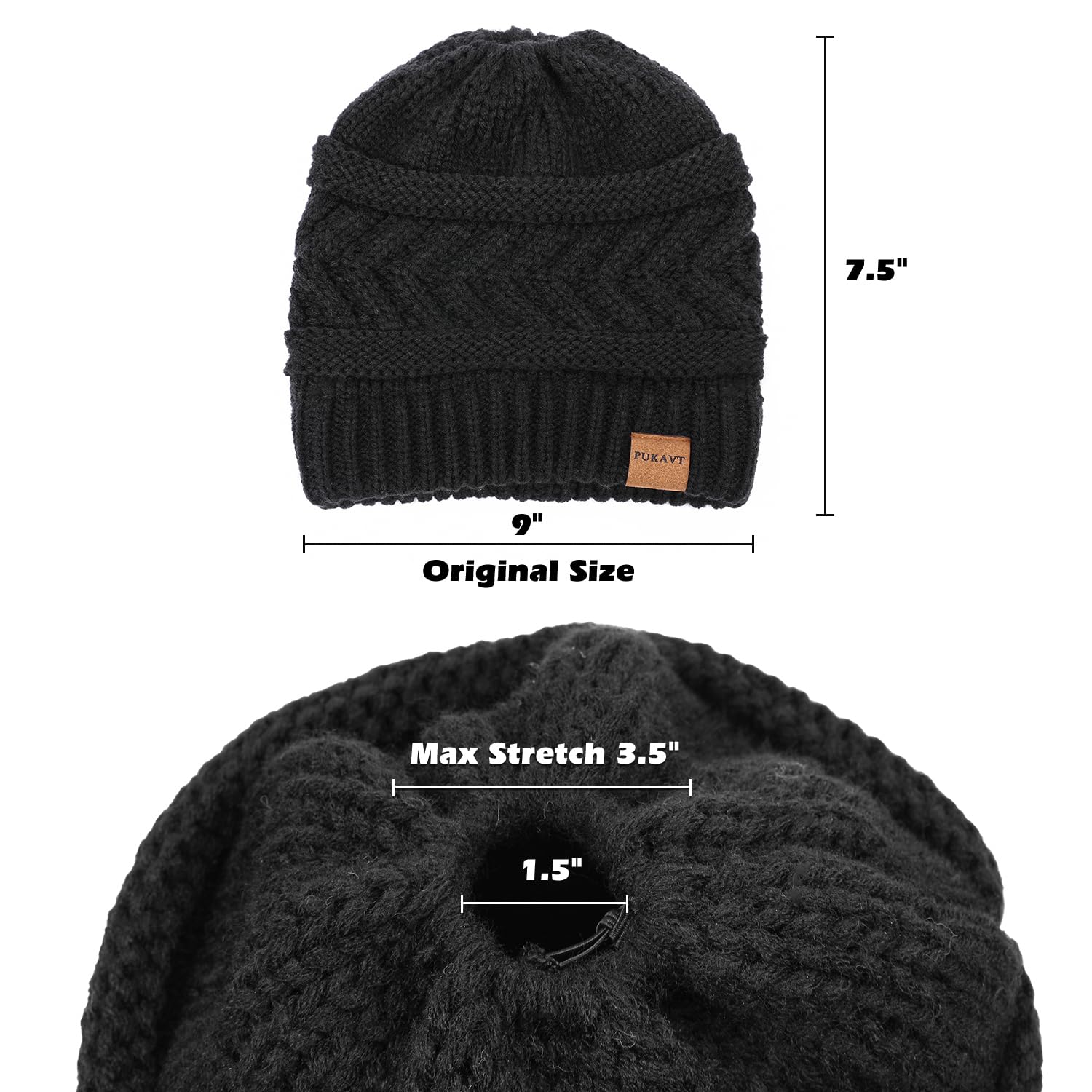 Pukavt 1 Pack Winter Hat Ponytail Beanie Hat for Women,Soft Stretch Cable Knit Messy Bun Beeanie,Trendy and Warm Black