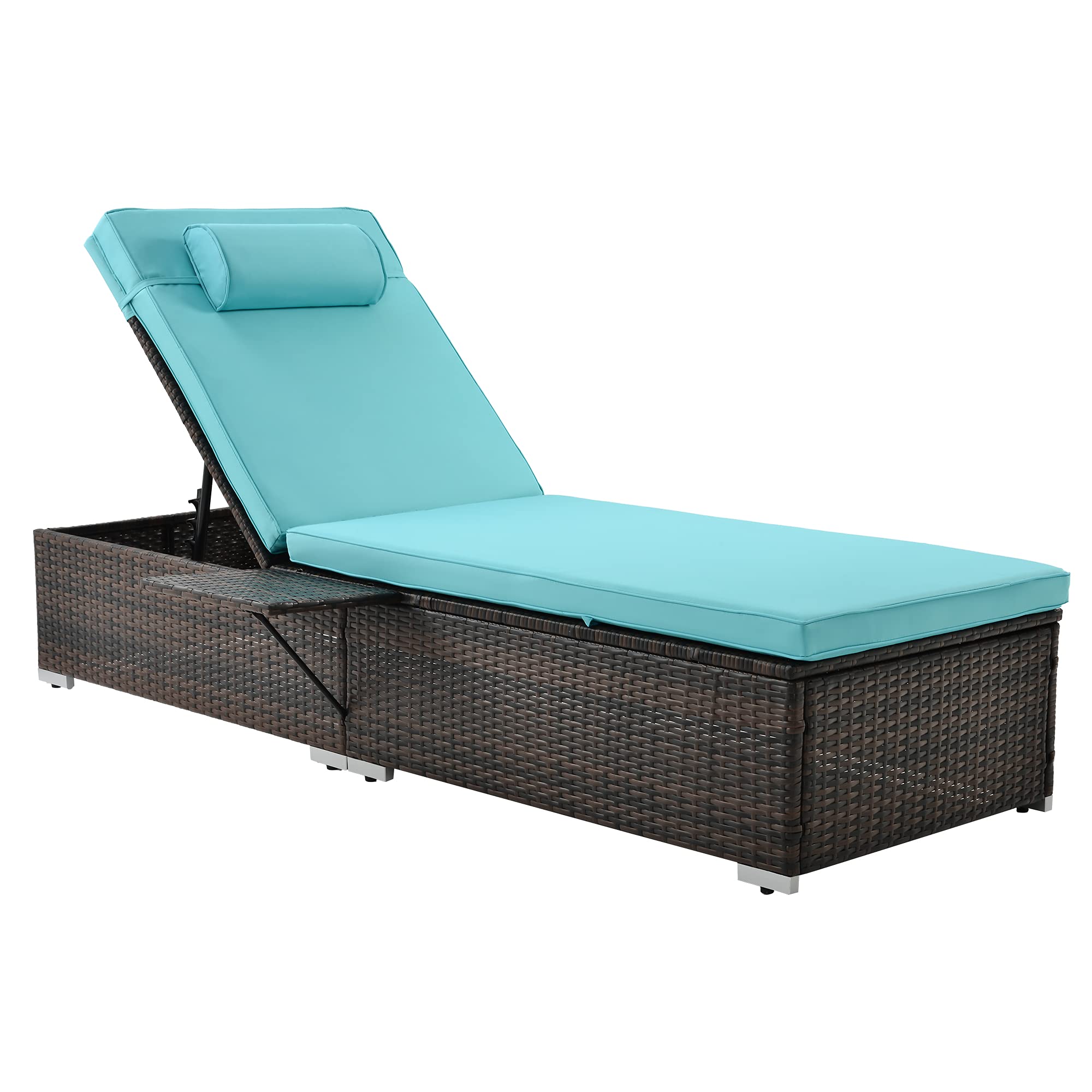 Outdoor PE Wicker Chaise Lounge - 2 Piece Patio Brown Rattan Reclining Chair Furniture Set Beach Pool Adjustable Backrest Recliners with Side Table and Comfort Head Pillow (White+Brown + Rattan)