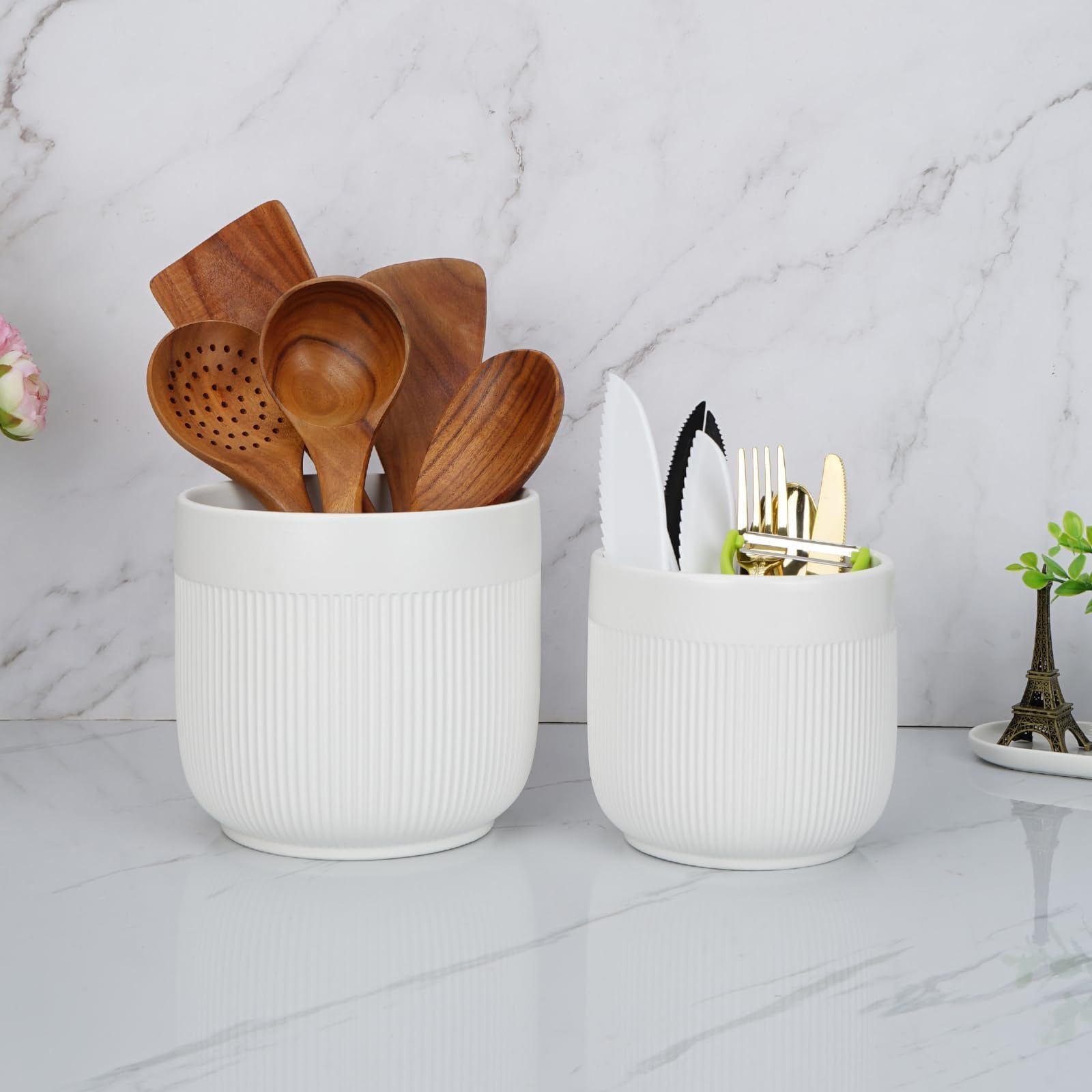 ZOEHROWS Utensil Holder, Set of 2 Large Ceramic Kitchen Utensil Holder for Countertop, Cooking Utensil Holder for Kitchen Counter, Morden Utensil Organizer for Spatula, Kitchen Decor,White