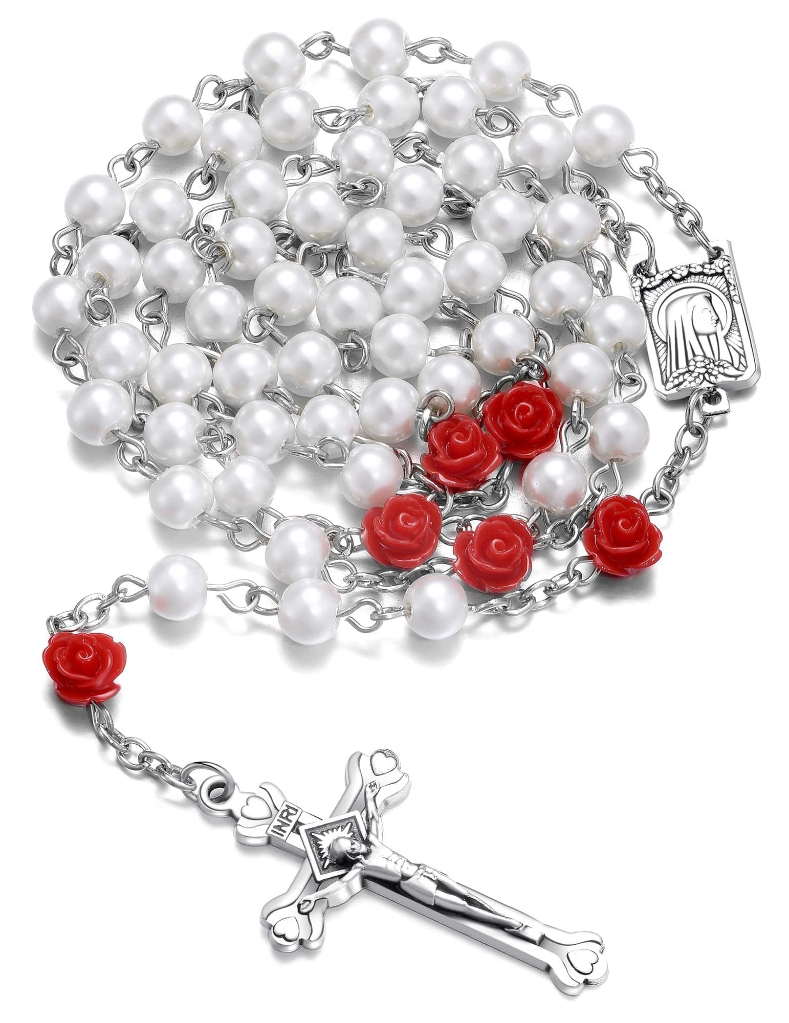 Pearl Rose Beads Rosary Catholic Necklace Holy Soil Medal Cross Crucifix-6 Packs