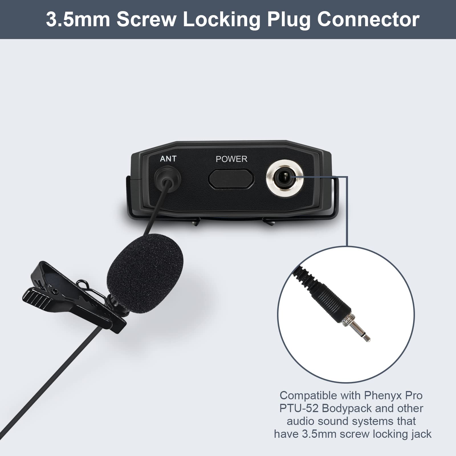 Phenyx Pro Bodypack,Headset & Lapel Mic Combo with 3.5mm Screw Locking Plug,Bodypack Wireless Mic Transmitter and Wired Headset & Lapel Mics, Compatible with PTU-52 Microphone System