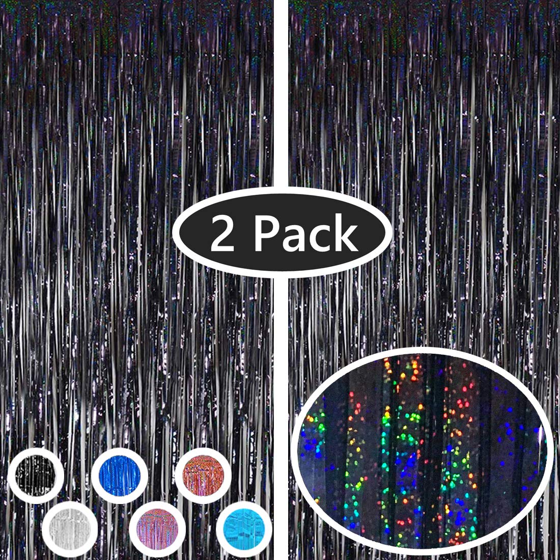 Vanujoy Iridescent Black Foil Fringe Backdrop Curtains 2024 Graduation Party Decoration - 2 Pack Tinsel Party Door Wall Curtain for Birthday Bachelorette Party Engagement Bridal Shower Baby Shower