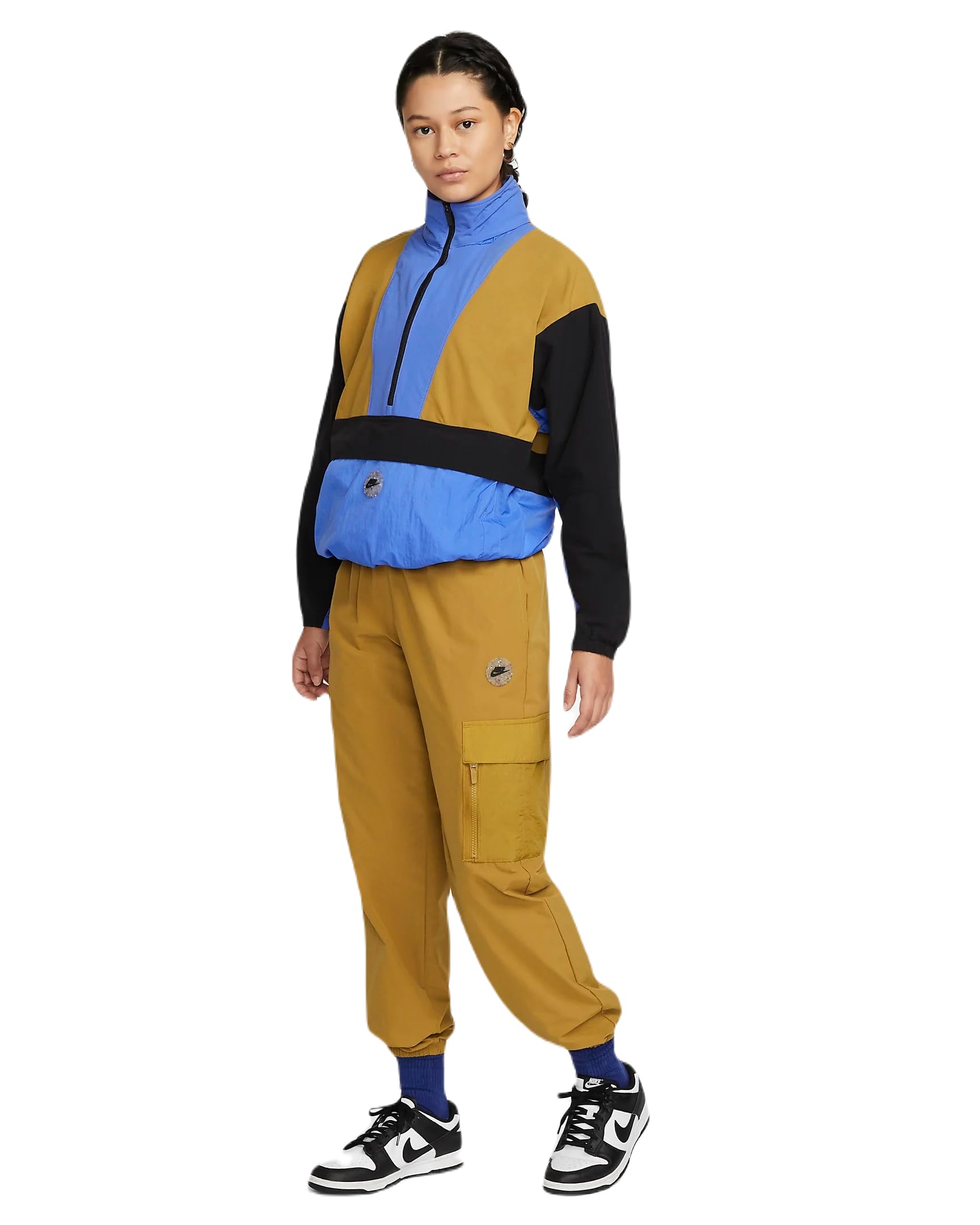 Nike Sportswear NSW Women's Woven Sports Utility Mid-Rise Cargo Pants, Golden Moss/Medium Blue, L Regular US