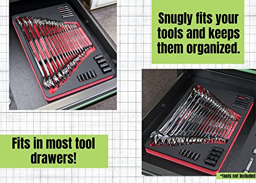 Polar Whale Tool Drawer Organizer Wrench Holder Insert Red and Black Durable Foam Strong Tray 15 x 10 Inches with 3 Pockets for Accessories Fits Duralast and Many Others
