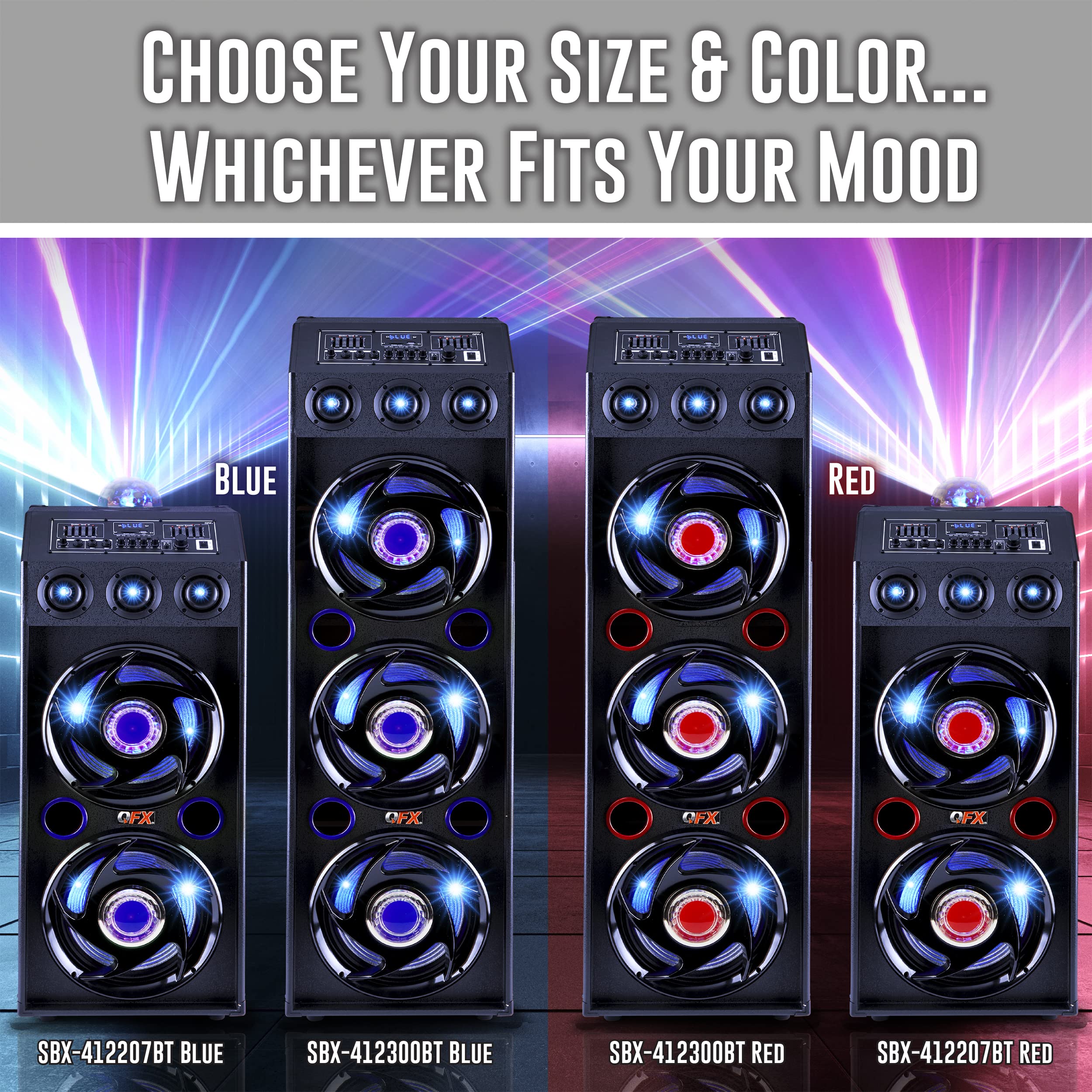 QFX SBX-412207BT TWS Bluetooth Cabinet Speaker with Dual 12" Woofers, LED Party Lights, FM Radio, USB/TF Card Ports, Aux Input, Red