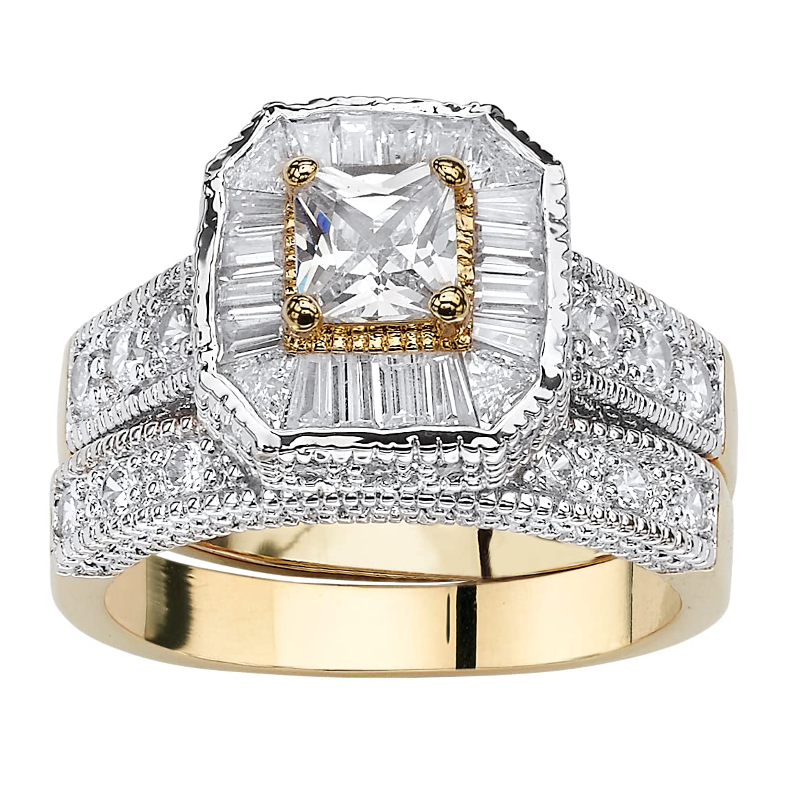 PalmBeach Yellow Gold-Plated or Platinum-Plated Sterling Silver Princess Cut Cubic Zirconia Vintage Style Bridal Ring Set Size 9