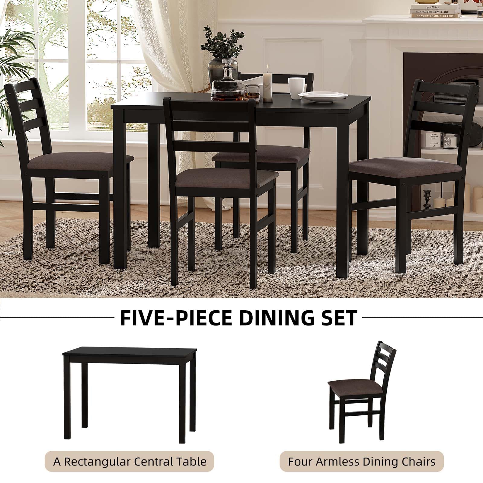 MTSVMP Dining Table Set for 4, 5-Piece Dining Table Set, 4 Upholstered Ladder Back Chairs with Brown Cushion, 43" Square Stylish Dining Table for Kitchen Small Space