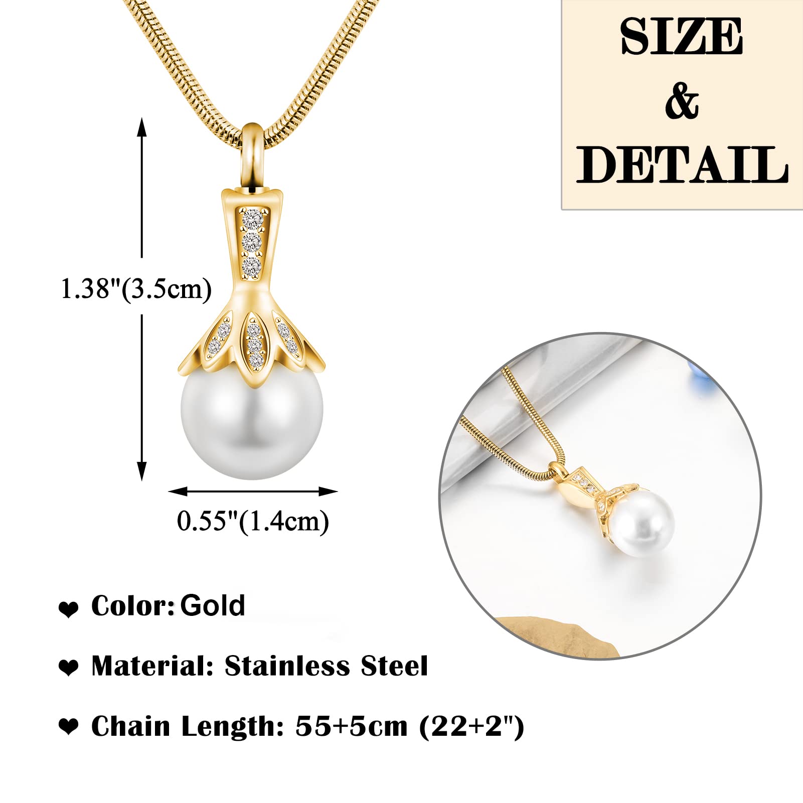Pearl Urn Necklace for Ashes Memorial Cremation Necklaces Stainless Steel Ashes Necklace for Men Women(Gold)-You Lighted Up My World