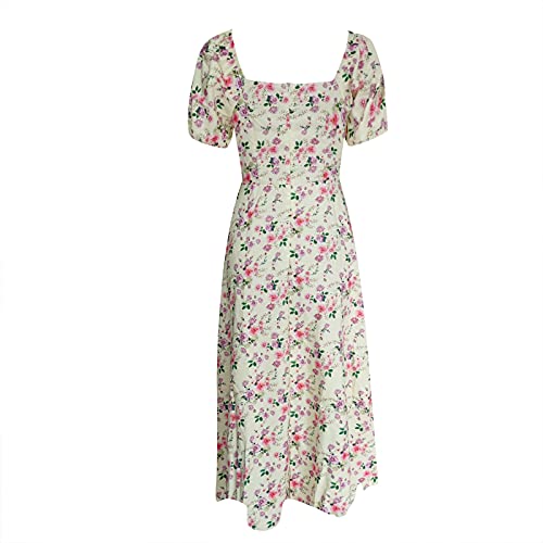 Women's Square Collar Dress Floral Printed High Split Maxi Dress Puff Short Sleeve Long Dress for Summer Beige
