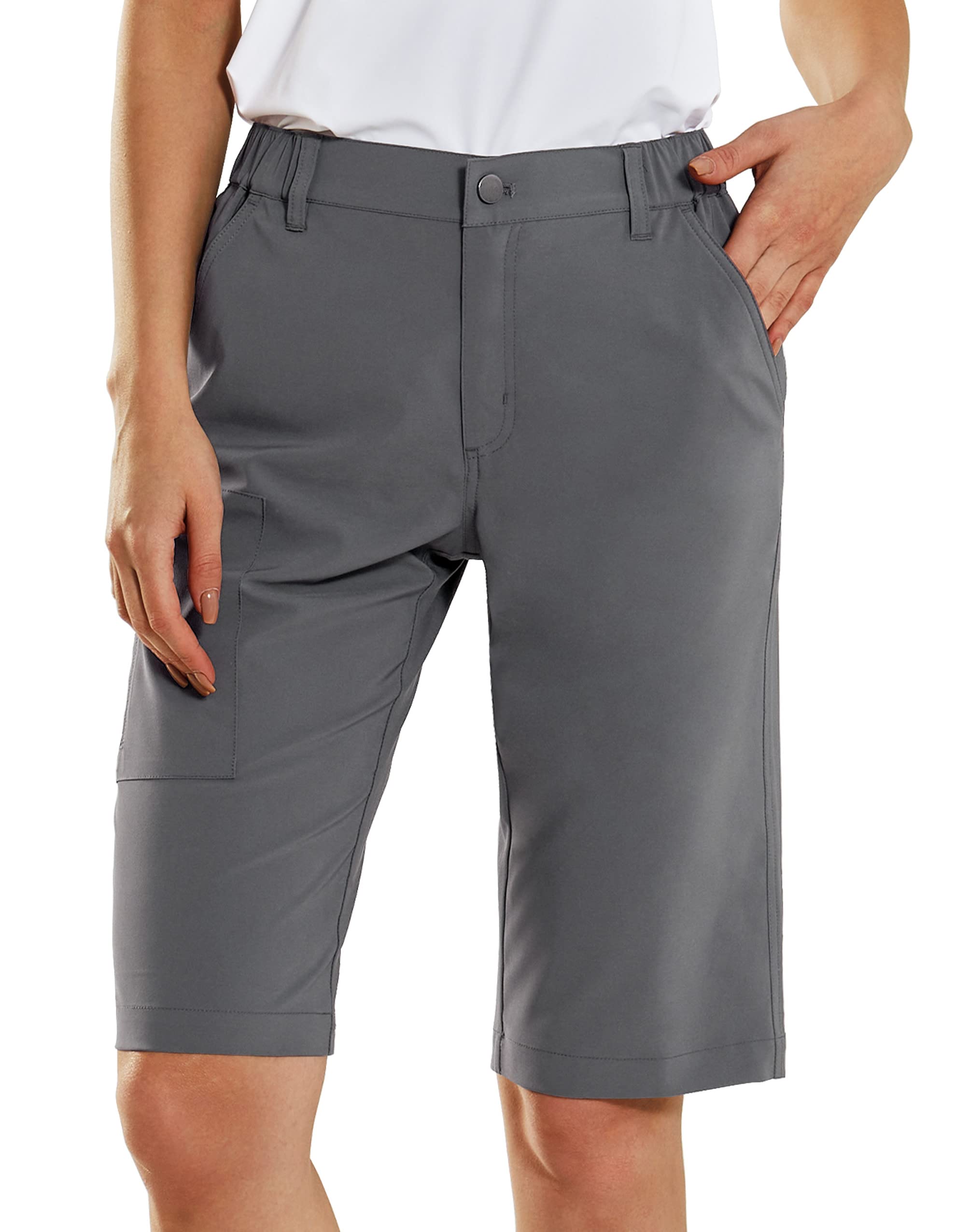 SPECIALMAGIC Knee Length Shorts Women Bermuda Quick Dry Shorts Stretchy Hiking Shorts Golf Lightweight Casual for Summer Grey