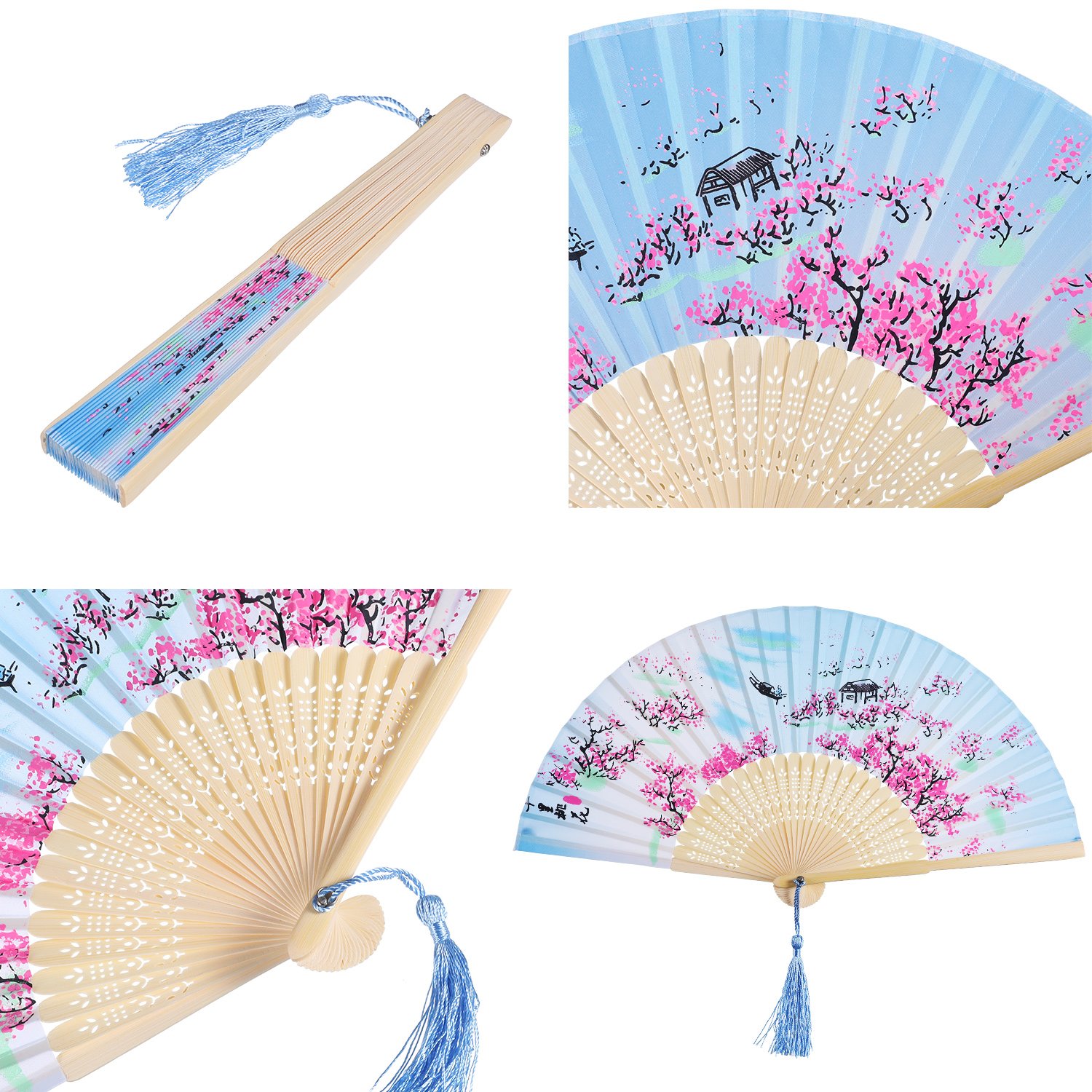 Zonon 4 Pack Handheld Floral Folding Fans Hand Held Fans Silk Bamboo Fans with Tassel Women Hollowed Hand Foldable Fan with Fabric Sleeve for Dancing Wedding Decoration Gifts(Classic)