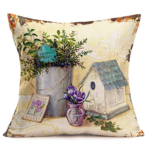 Royalours Throw Pillow Covers Spring Wild Flower Purple Lavender Garden Backyard Decorative Cotton Linen Square 18 x 18 Inches Rustic Throw Pillowcase Cushion Cover (Rustic Floral-3)