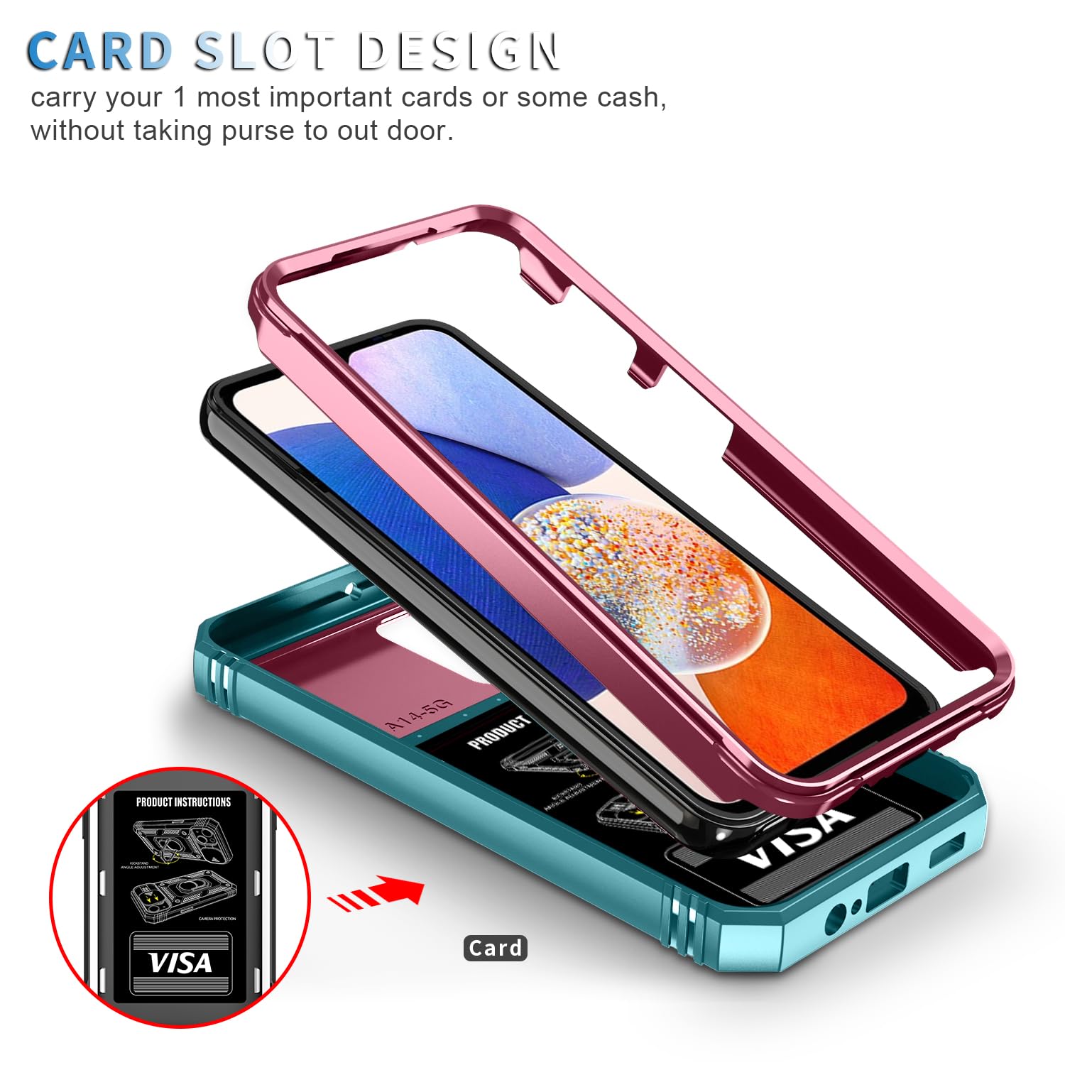 PASNEW for Samsung Galaxy A14 5G Case,Kickstand & Slide Camera Cover, Military Grade Heavy Duty Full Body Shockproof Multi-Layer Shell for A14 4G,6.6 inch,Pink Green