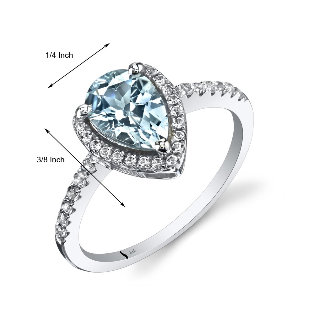 PEORA Aquamarine Teardrop Halo Ring for Women 14K White Gold with White Topaz, Natural Gemstone Birthstone, 1 Carat Pear Shape 9x6mm, Size 7