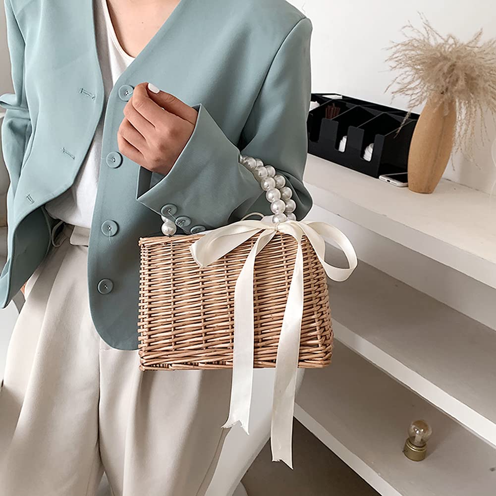 Pearl Handle Rattan Handbag, Straw Shoulder Bag Tote Bags, Mini Basket Handbag