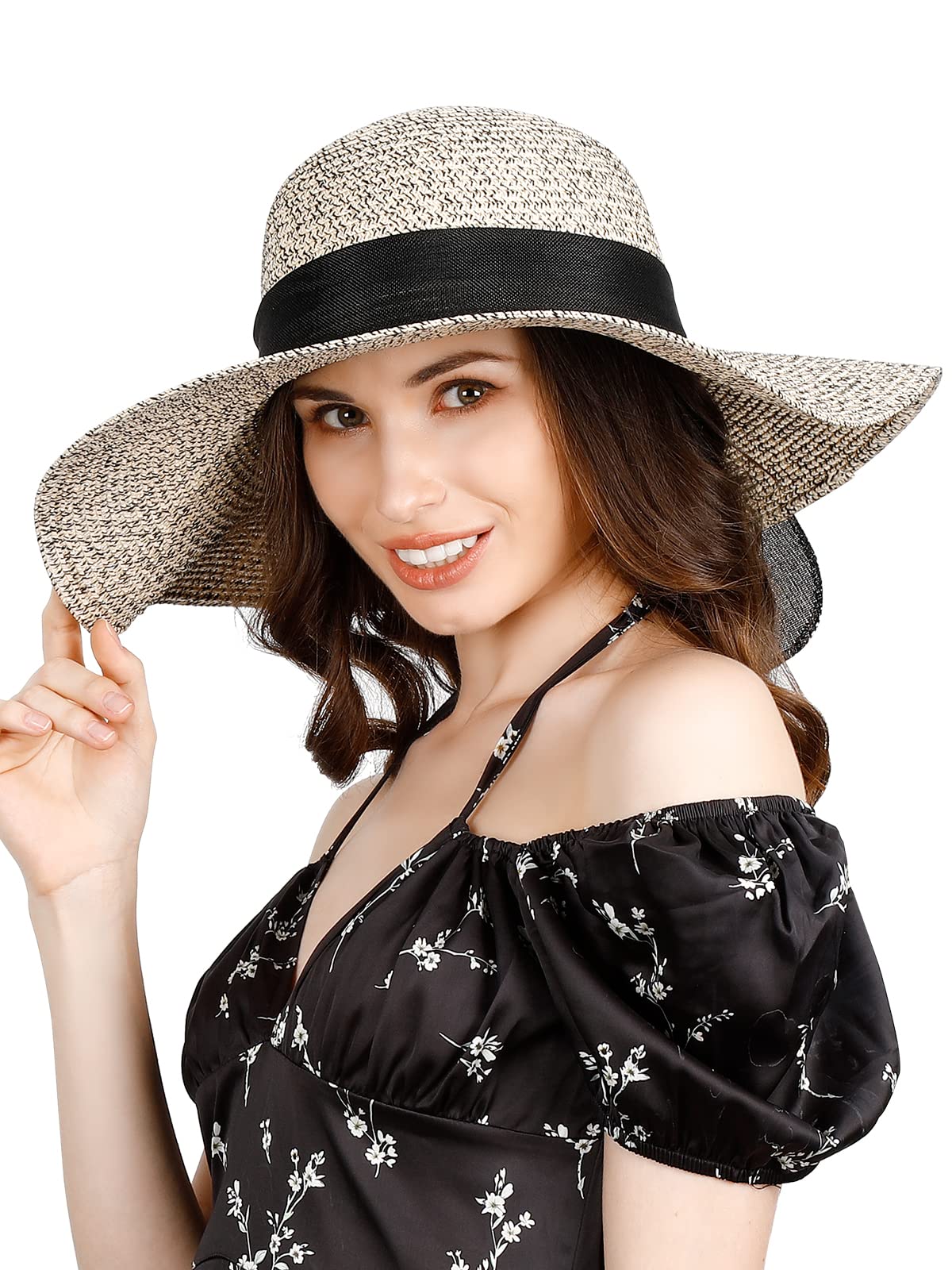 Womens Beach Straw Sun Hat: Large Ladies Foldable & Packable Floppy Hats with Wide Brim-UPF 50 UV Protection Summer Sunhat (Mixed Black)