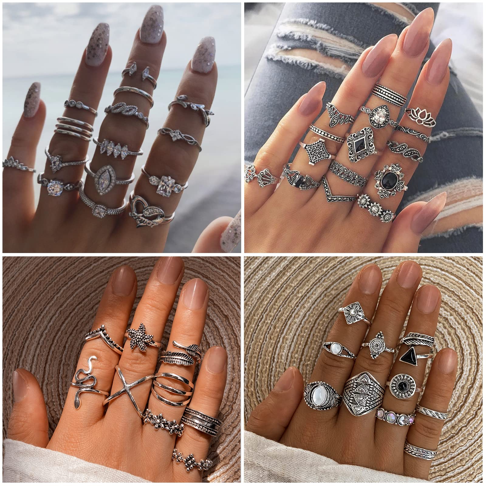YEEZII 78 PCS Vintage Silver Knuckle Rings Set for Women, Bohemian Stackable Joint Finger Midi Rings, Boho Butterfly Snake Crystal Stacking Rings Pack for Gift
