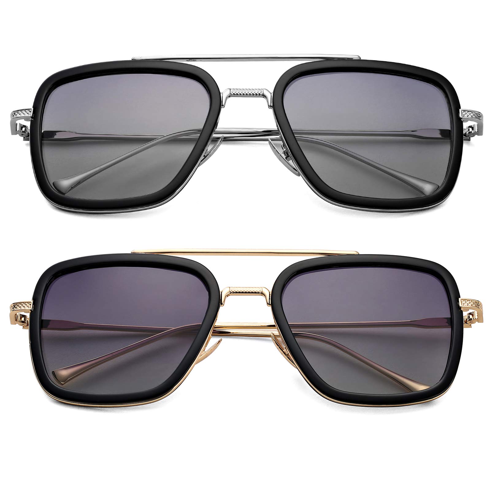 Tony Stark Polarized Sunglasses for Men – Women Vintage Aviator Square Metal Frame Iron Man Edith Glasses (Silver/Blue + Silver/Gradient Gray) - 2 Pack