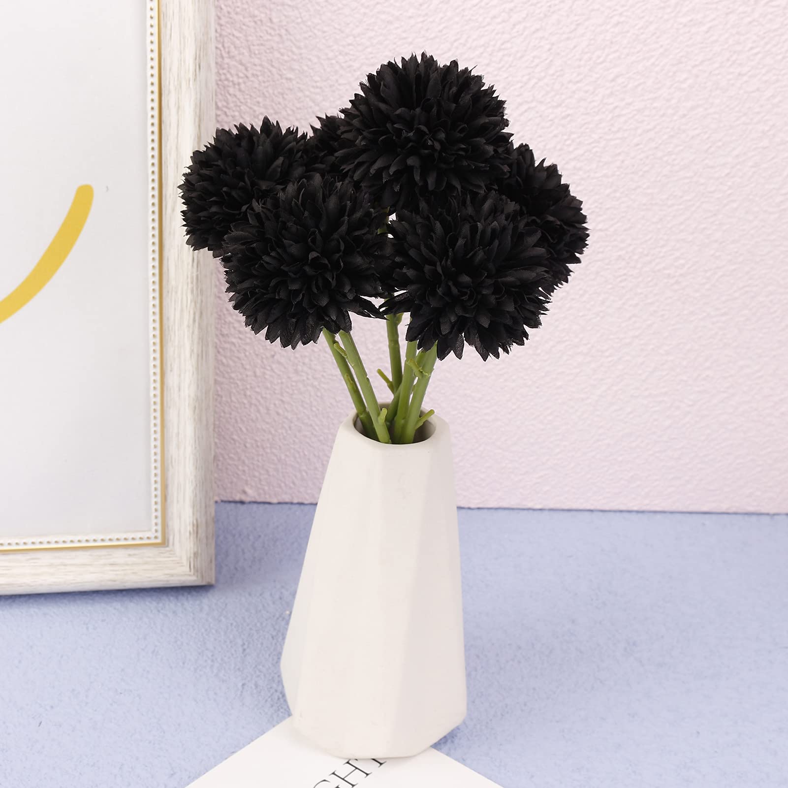 Serra Flora Artificial Flowers Fake 7cm Chrysanthemum Ball Bouquet Flowers Silk Plastic Artificial Hydrangea 6 Heads Bridal Wedding Bouquet for Home Garden Party Wedding Decoration (Black)¡