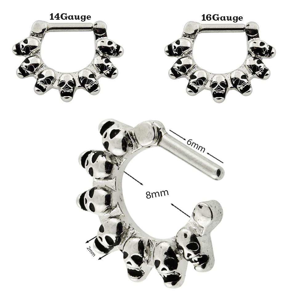 PiercingPoint Multiple Skulls Septum Ring- Surgical Steel Septum Clicker- Hinged Septum Ring- 16G Septum Ring