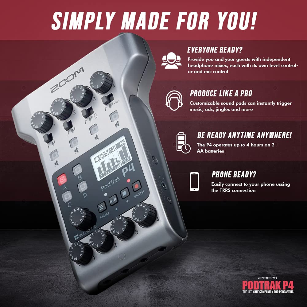 Zoom PodTrak P4 Portable Multitrack Podcast Recorder Bundle w/ 4 Ins/ 4 Outs + Audio D38X3 Microphone 3 Pack + 3X R100 Stereo Headphones + 64GB Memory Card + Mic Stand + Pro Audio XLR Cable and more