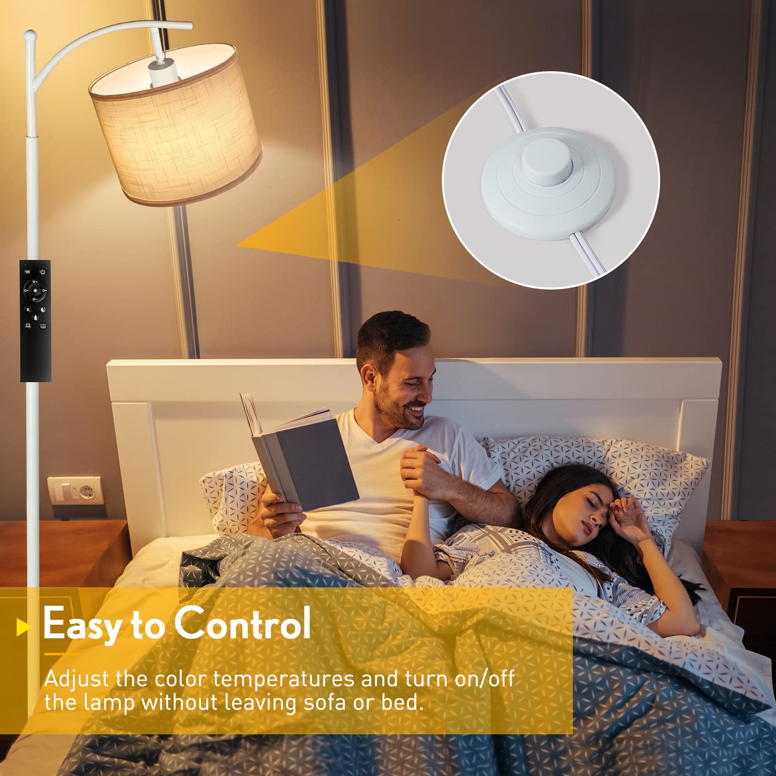 OUTON Arc Floor Lamp with Remote Control, LED Dimmable Modern Lamp with 4 Color Temperatures, Tall Standing Reading Lamp with Adjustable White Linen Shade for Living Room, Bedroom, Office, White