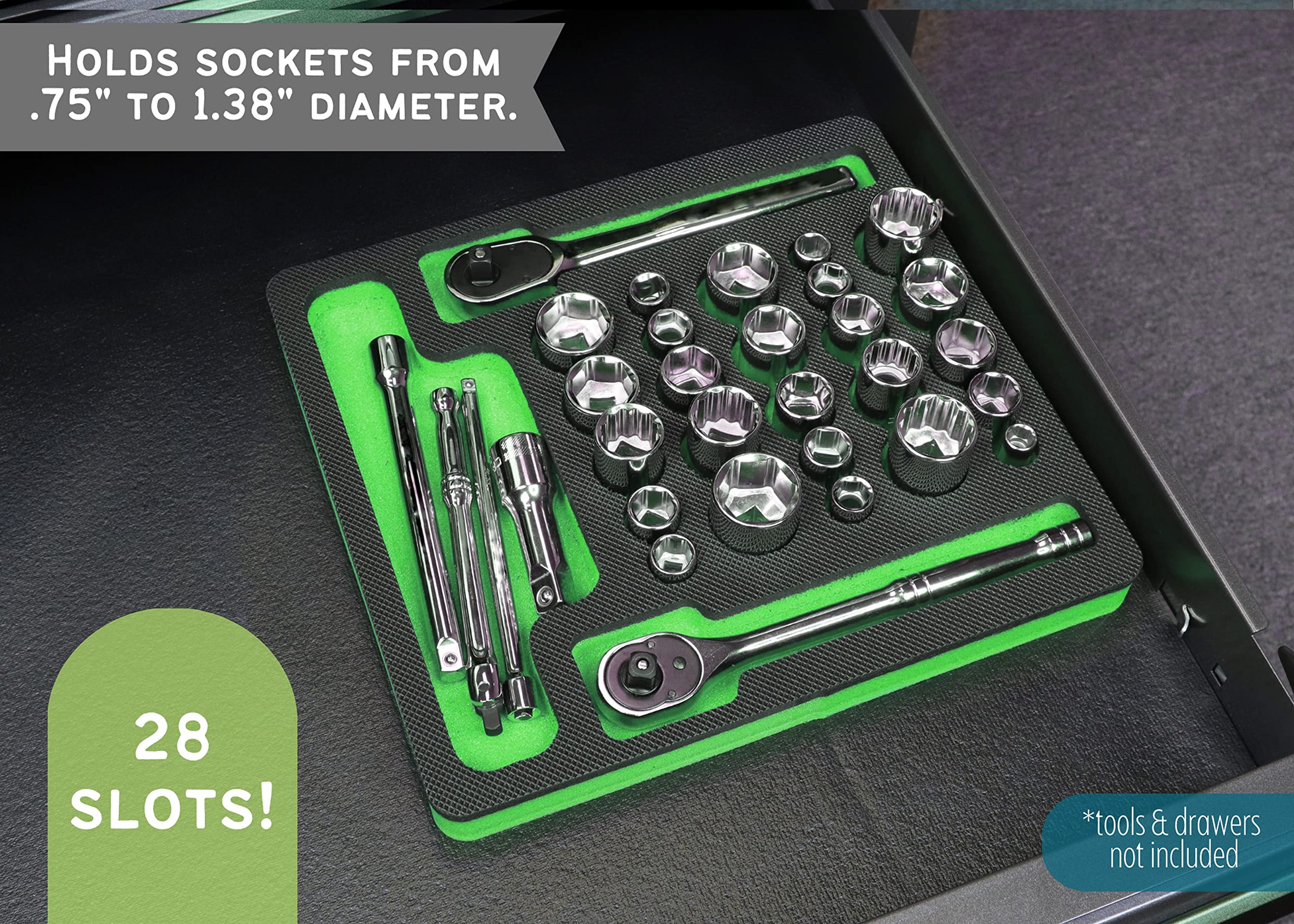 Polar Whale Tool Drawer Organizer Socket Holder Insert Green and Black Durable Foam Strong Tray Holds 25 Sockets and More Fits Craftsman Husky Kobalt Milwaukee and Many Others