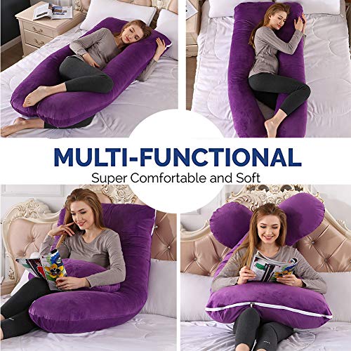 U Shaped Pregnancy Pillow, 51" Full Body Pillow with Velvet Removable Cover, Multiple Bed Maternity Pillow for Women & Adults Sleeping Help Support Head Back Belly (U-Shaped Purple)
