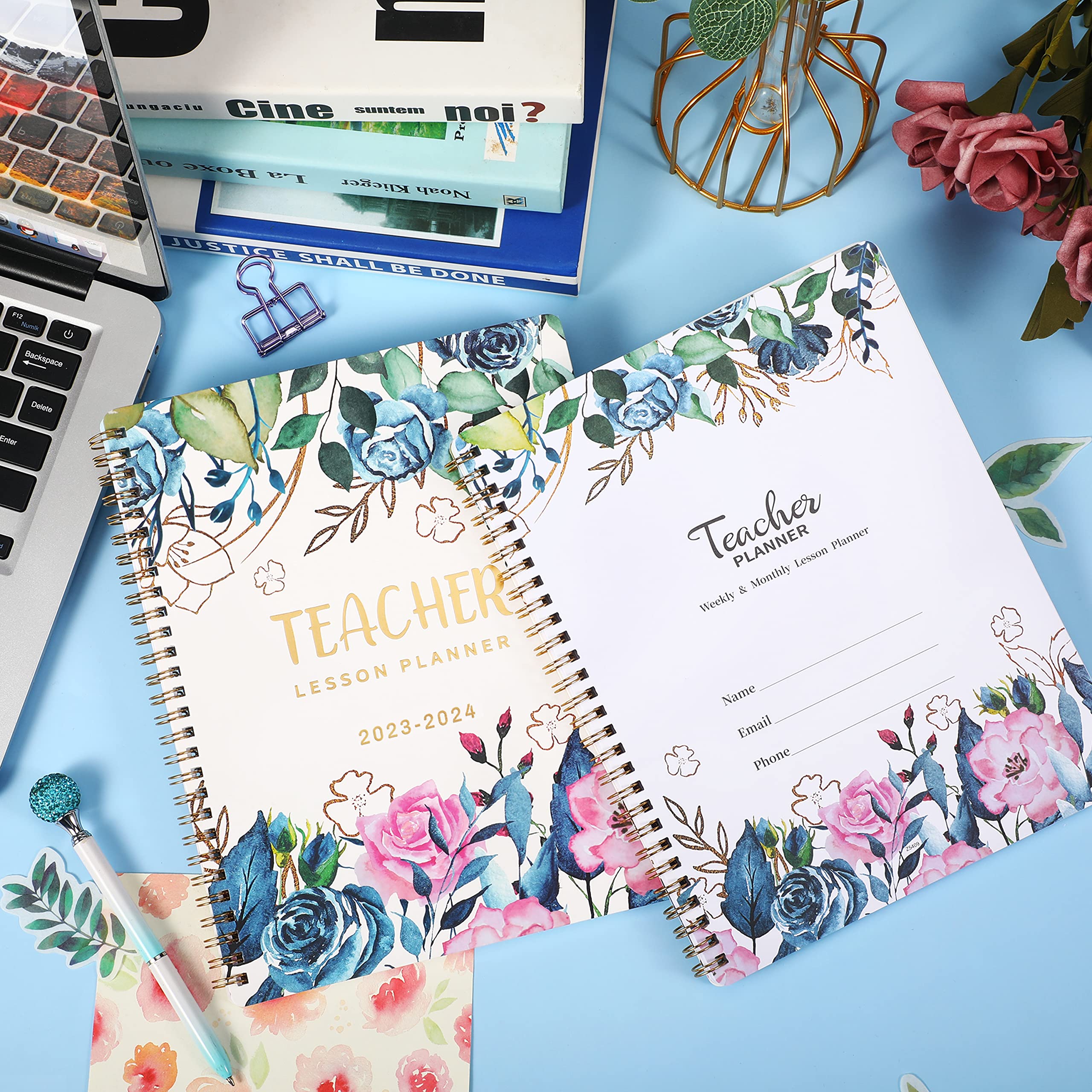 Teacher Planner 2023-2024 - 2023-2024 Weekly & Monthly Lesson Plan Book, July 2023 - June 2024, 8" x 10", Academic Planner 2023-2024 with Twin-Wire Binding for Teachers - Ink-painting Roses
