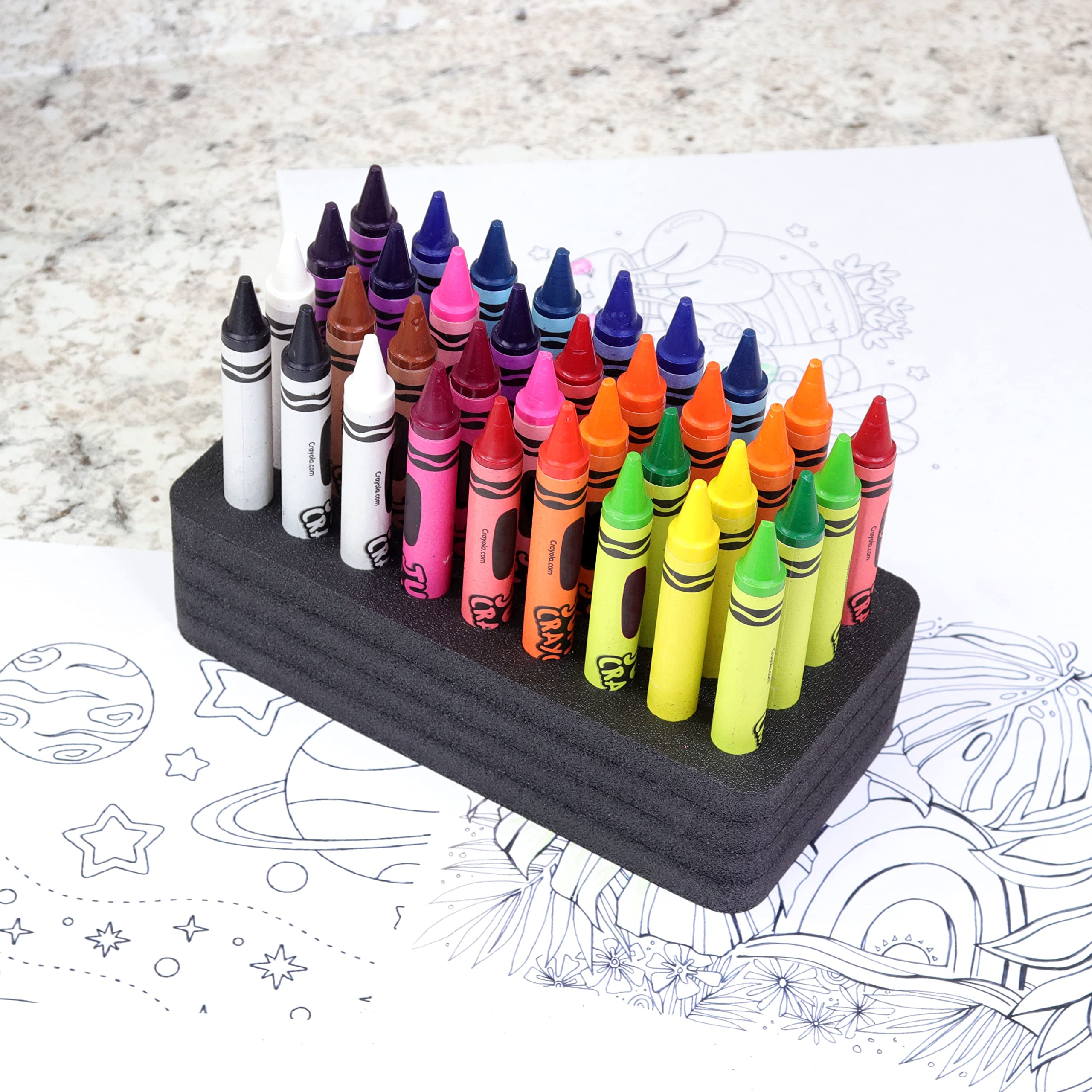 Polar Whale Jumbo Crayon Desk Stand Organizer Compatible with Crayola and Others Design Storage Tray Supply Non-Scratch Non-Rattle Washable Durable Black Foam Holds 36