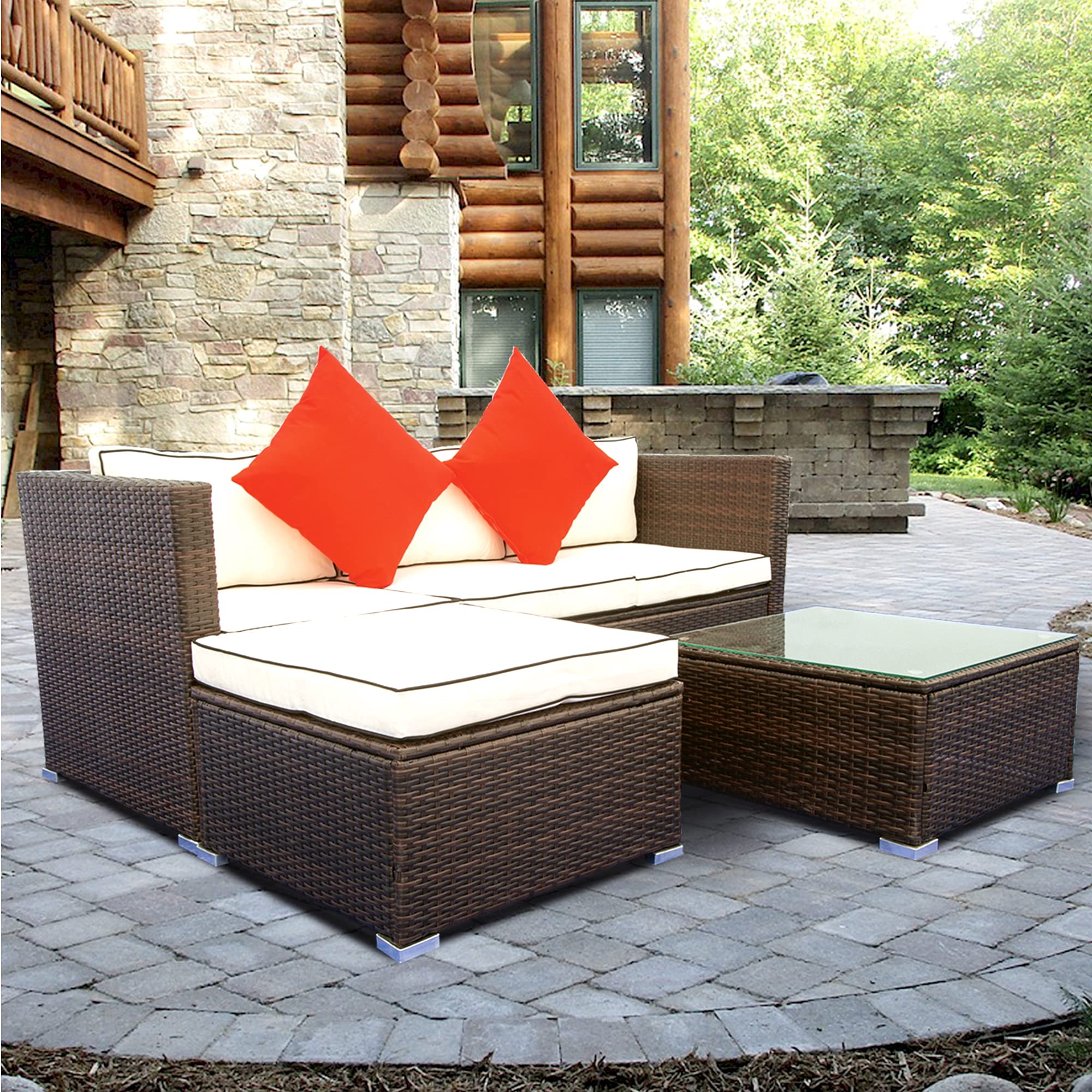 Patio Furniture Sectional Sets 3 Pieces - Outdoor Sectional Sofa Wicker Rattan Lawn Conversation Set Cushioned Garden Sofa with Glass Table (Beige)