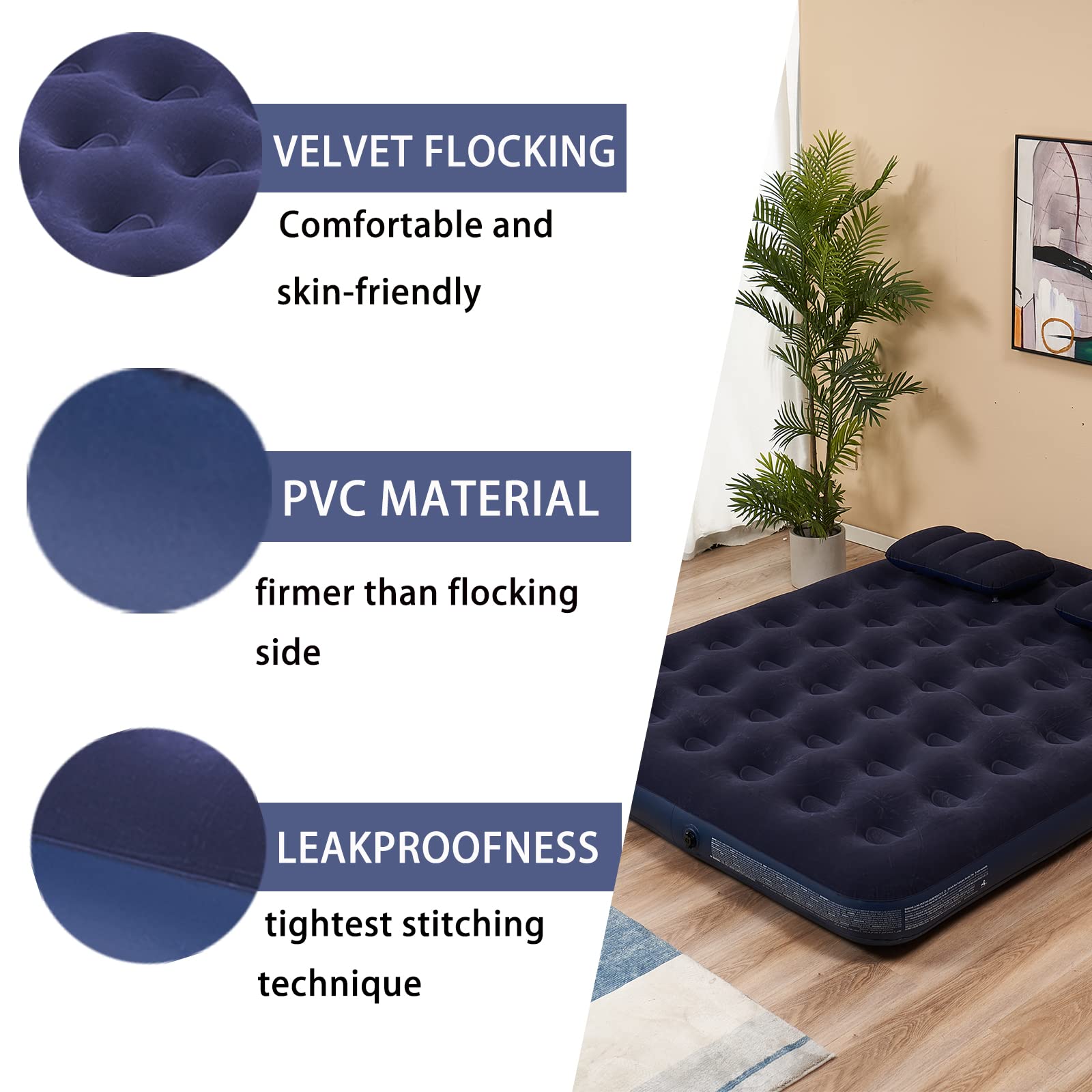 Outraveler Queen Size Air Mattress Inflatable Bed with Pump and Pillows,Blow Up Mattress for Camping and Home