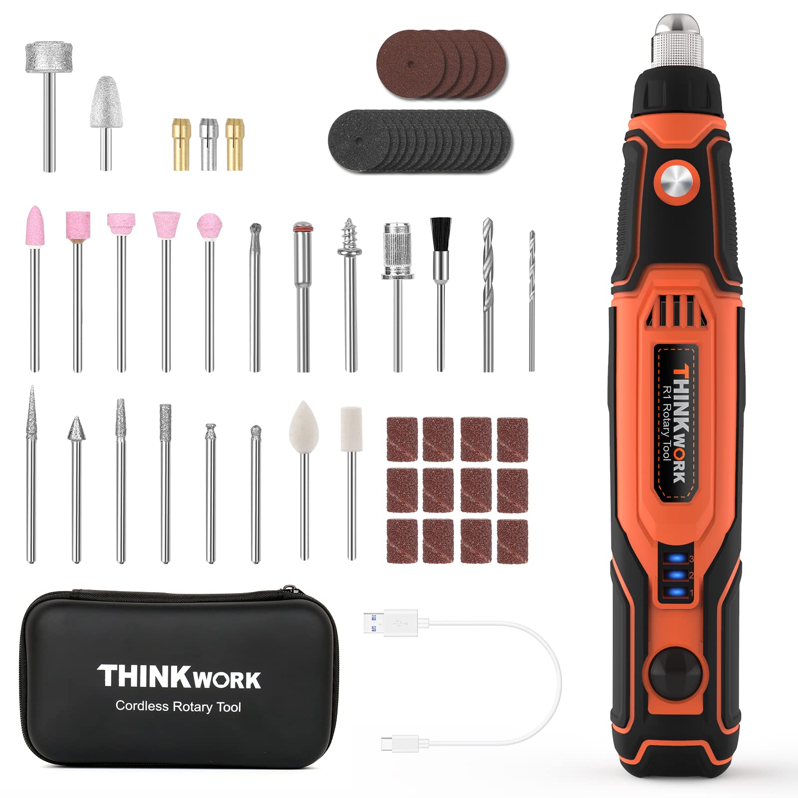 THINKWORK Cordless Rotary Tool Kit, 3-Speed Power Rotary Tools with Pet Nail Grinder Tips & 57 Accessories, High Capacity 3.7V Li-ion Battery, USB C Charging, for Sanding,Polishing,Drilling,Diy Crafts
