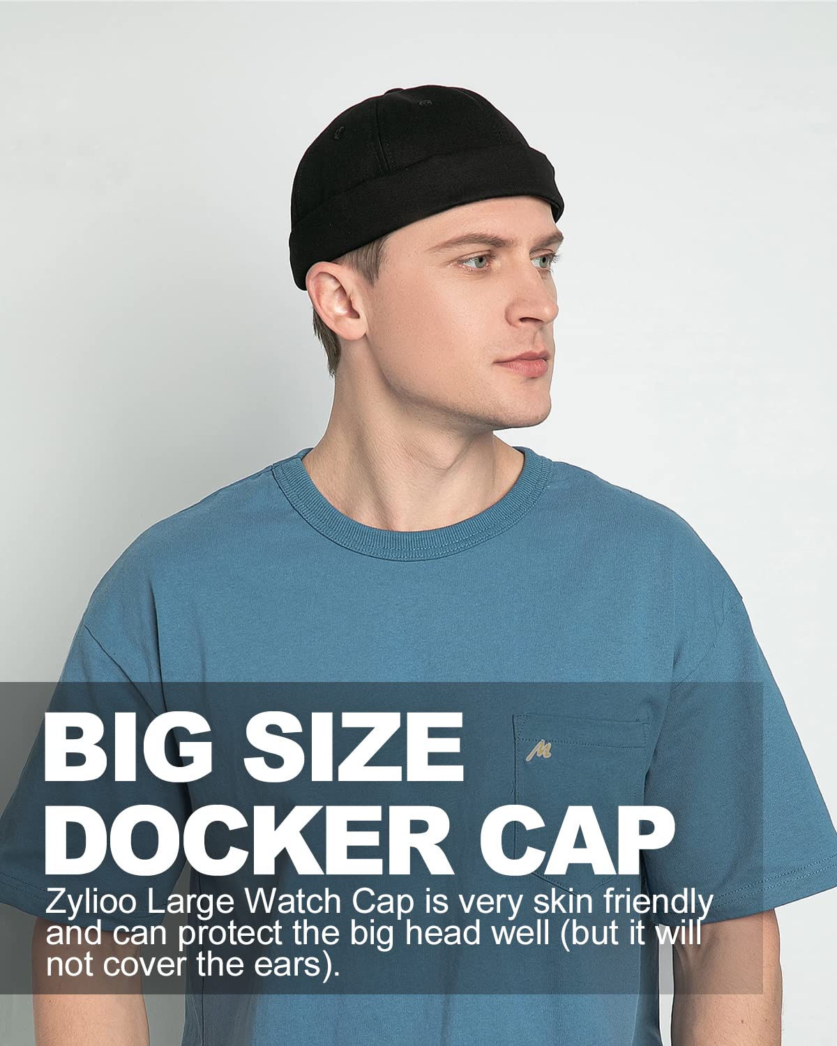 Zylioo Oversize XXL Brimless Harbour Hat,Adjustable Docker Cap for Big Heads,No Brim Ball Cap for Men and Women Black