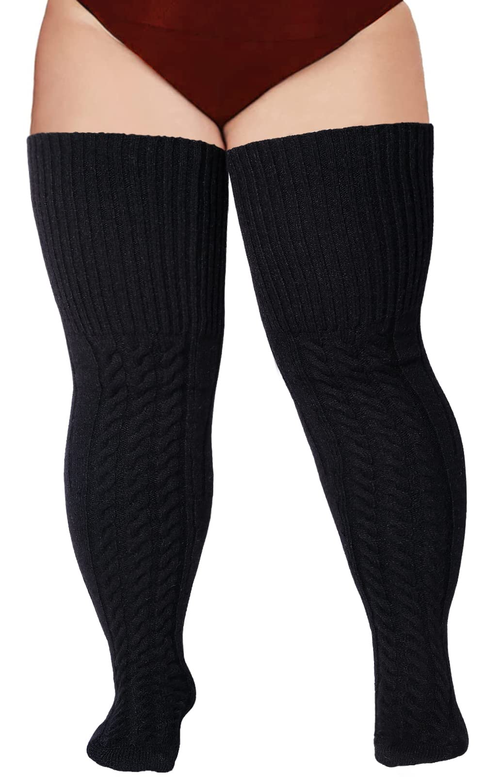 Wool Plus Size Thigh High Socks For Thick Thighs- Extra Long Womens Warm Cable Knit Over Knee Stockings Leg Warmers Black