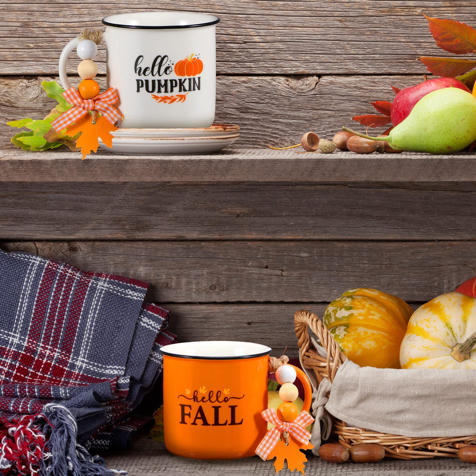 Roshtia 2 Pcs Fall Coffee Mug Enamel Thanksgiving Hello Pumpkin Mini Coffee Cups with Wood Bead Ornaments Fall Tiered Tray Decoration for Thanksgiving Fall Party