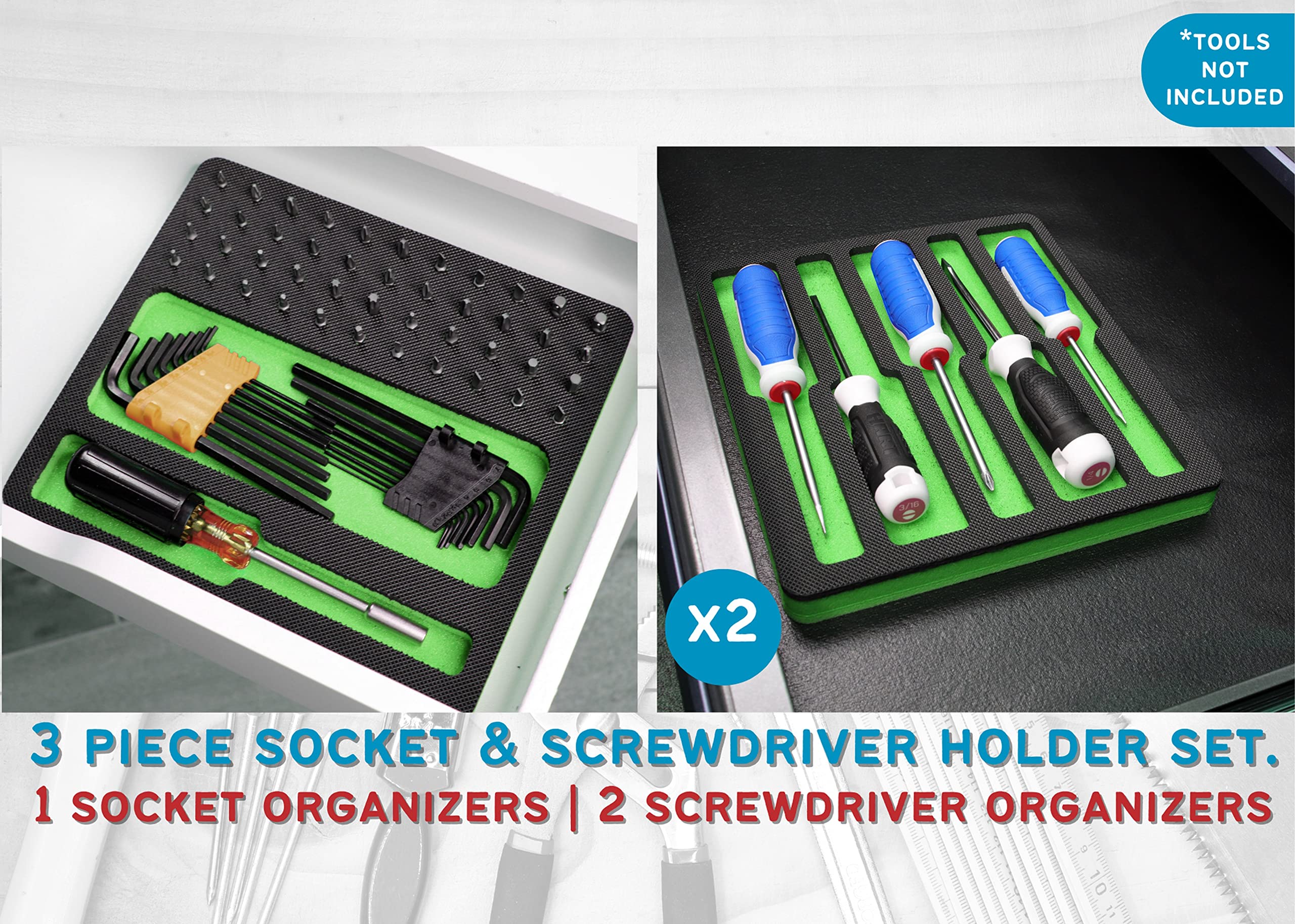 Polar Whale Tool Drawer Organizer 3-Piece Screwdriver Bit Driver Insert Set Green and Black Durable Foam Holds Many Tools 10 x 11 Inch Trays Fits Craftsman Husky Kobalt Milwaukee Many Others
