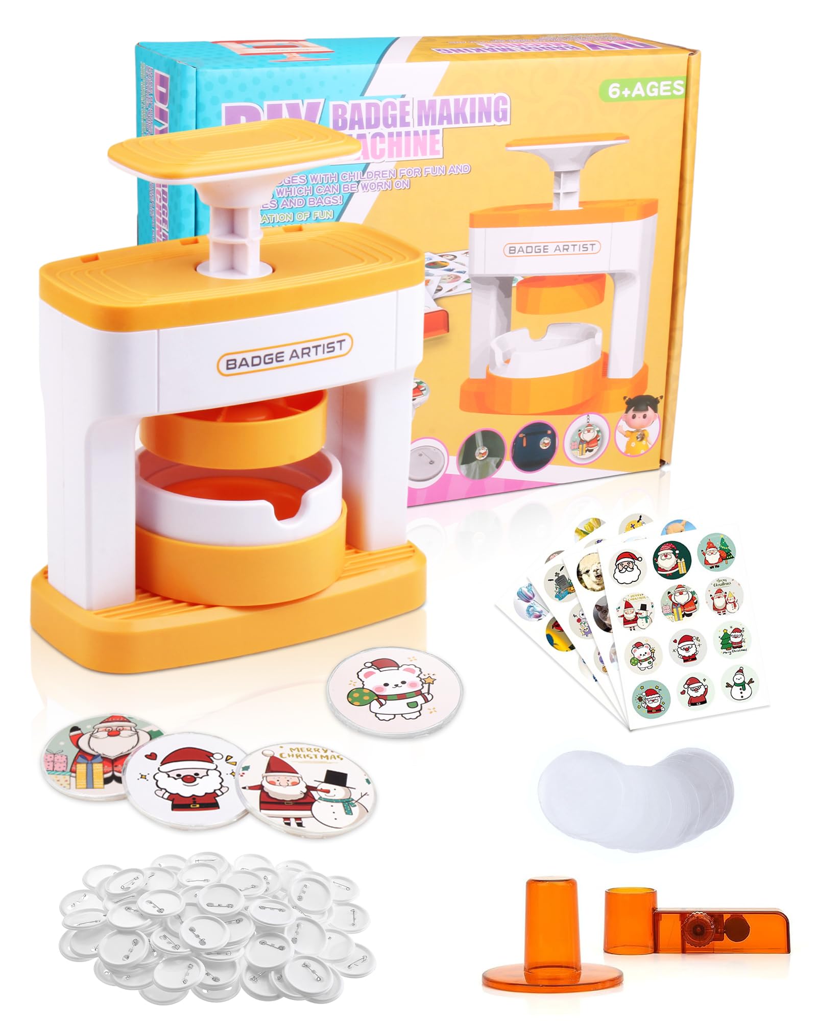 OFUN Button Maker Machine, DIY Pin Badge Button Maker Press Machine Badge Punch Press with 48pcs Button Parts & Cute Stickers & Circle Cutter,Installation-Free,Yellow