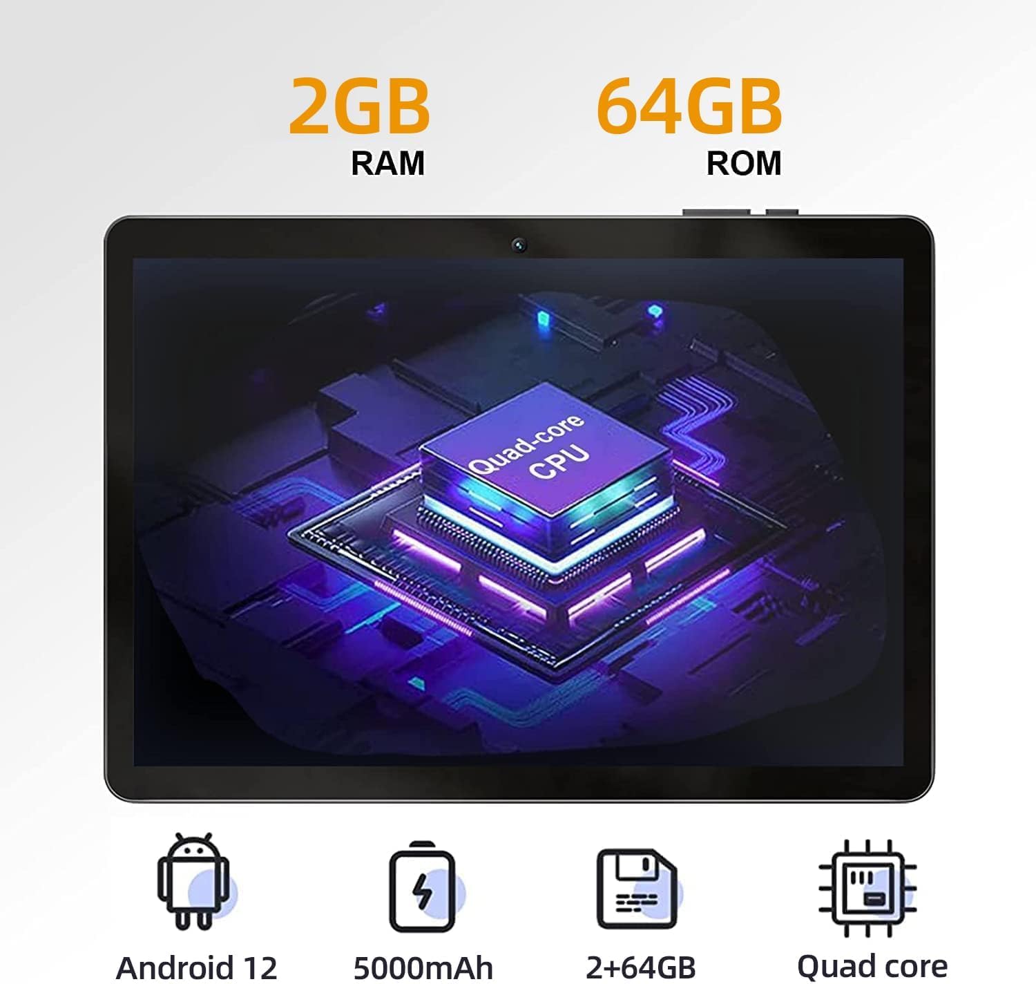 SGIN 10.1 Inch 2GB RAM 64GB ROM Tablet, Android 12 Tablets with Quad-Core A133 1.6Ghz Processor, 2MP + 5MP Camera, GPS, Bluetooth, WiFi, 5000mAh (Black)