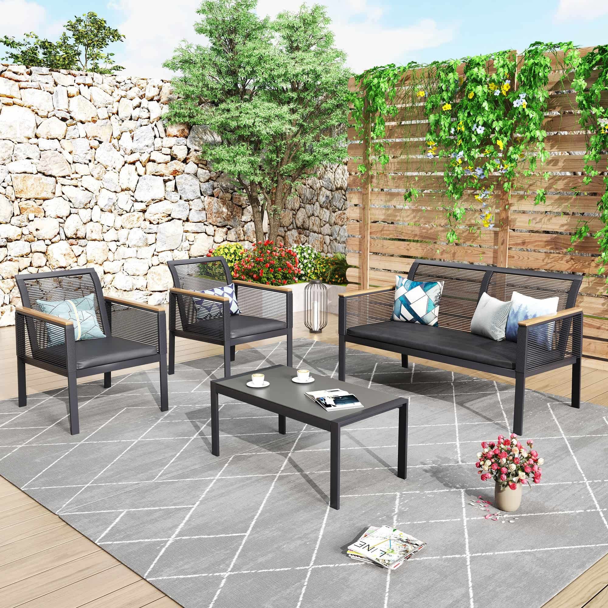 Patio Sectional Sofa - 3 Piece Outdoor Conversation Furniture Set, Brown Wicker, Beige Cushions