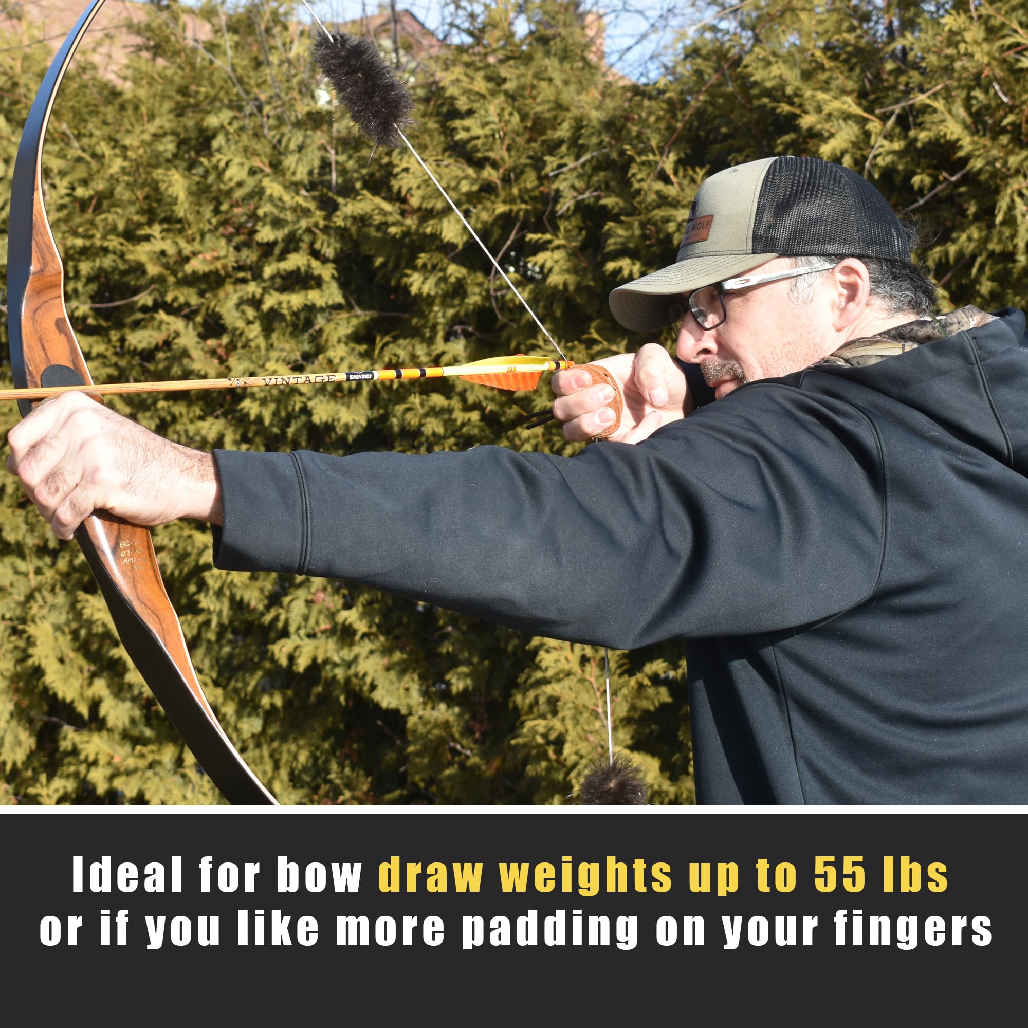 Standing Wolf Traditional Archery Leather Finger Tab for Archery (Right Hand 3 Under) | Traditional Archery Finger Guards | Shooting Tabs for Archery Hunting & Target Practice (Black Moose)