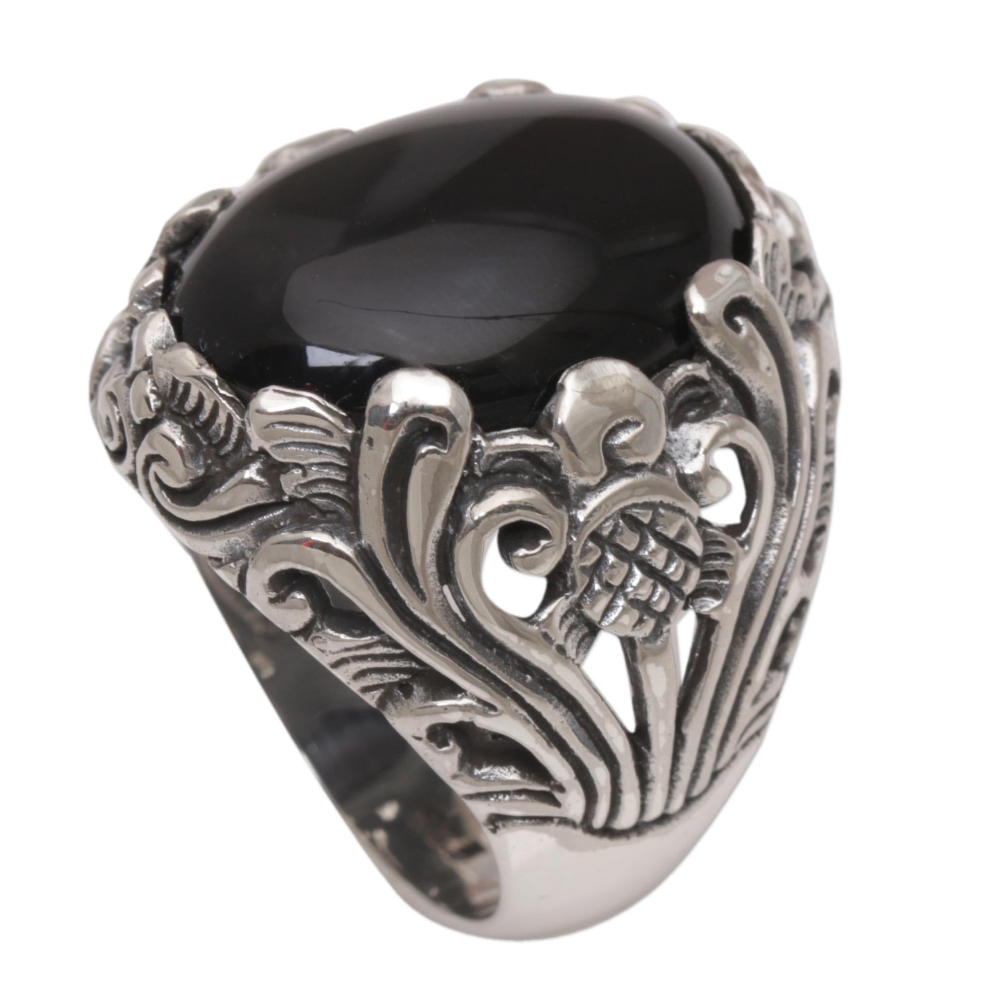 NOVICA Artisan Handmade Onyx Cocktail Ring Crafted Floral Sterling Silver Black Red Indonesia Birthstone [crownbezel 0.9 in H x 0.9 in W x 0.3 in D Band Width 5 mm W] ' Night Bloom'