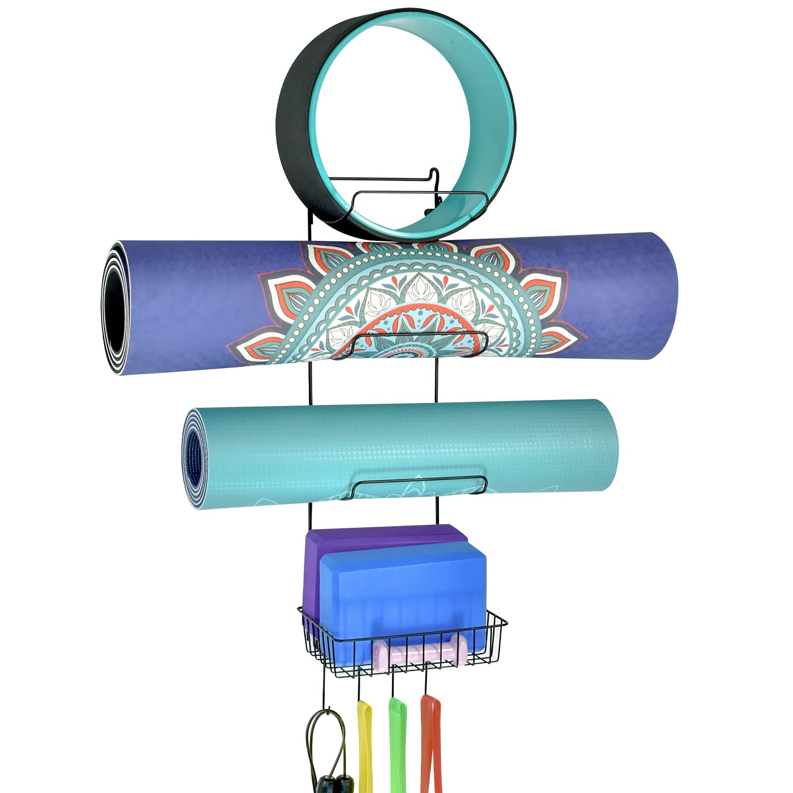 Yoga Mat Holder Wall Mount, CAPHONT Yoga Mat Storage Rack with Basket & Hook 3 Layers Home Gym Storage Rack for Foam Roller, Yoga Strap and Resistance Bands, Workout Equipment Storage Organizer