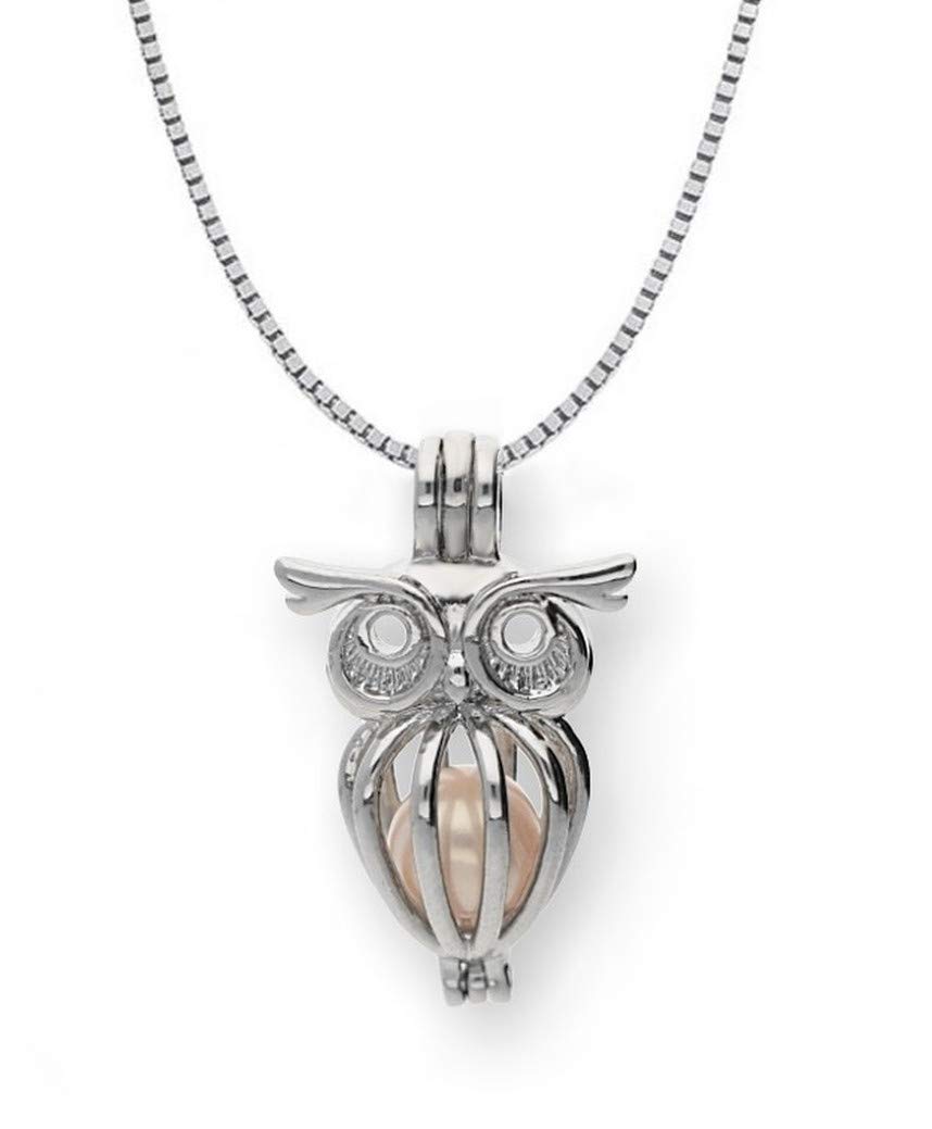Pearlina Sterling Silver Owl Necklace Cage Cultured Pearl in Oyster Wish pearl Set 18"