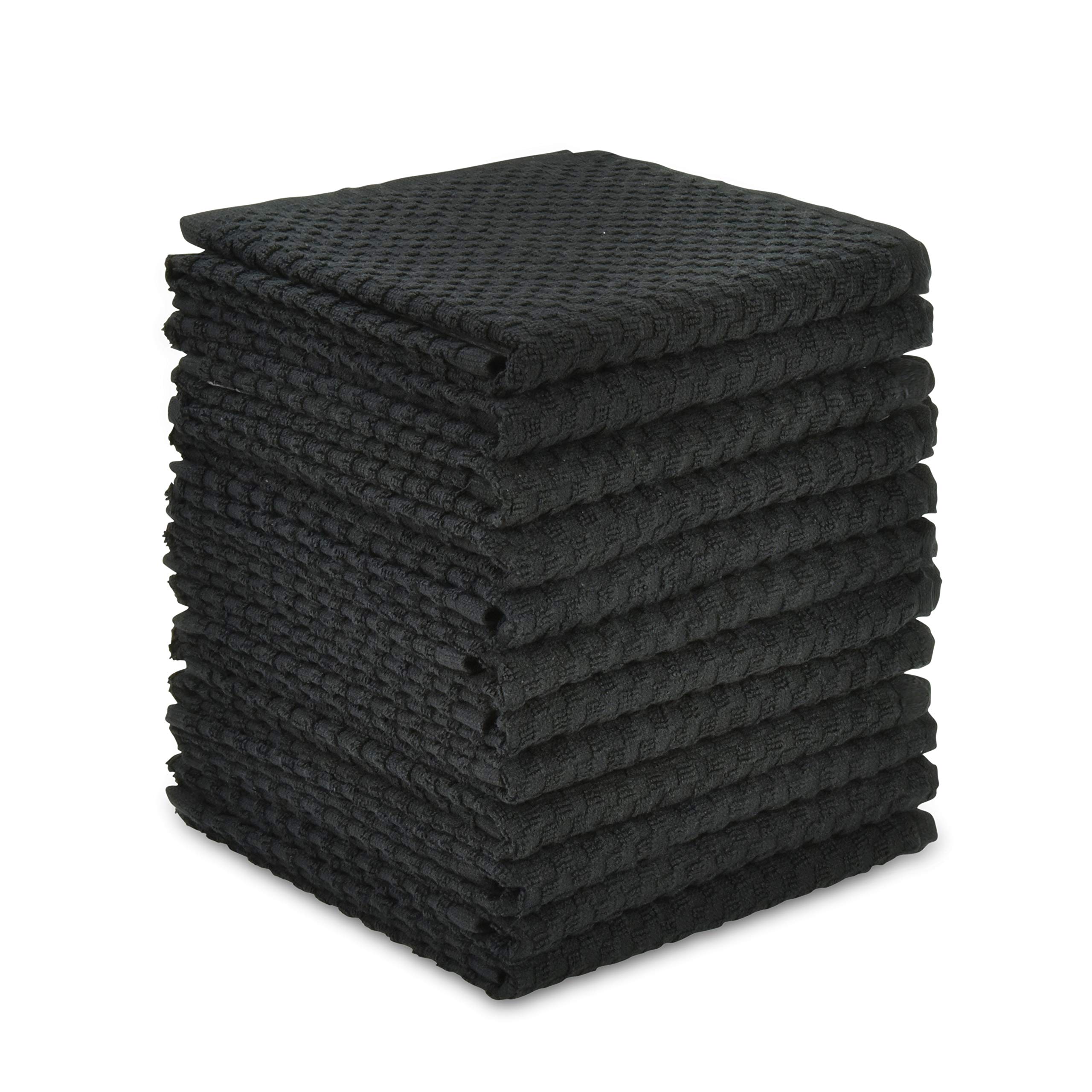 TALVANIA Kitchen Dish Towels, 100% Cotton Dish Cloths Dobby Weave, 12 Pack Soft and Absorbent Multipurpose Terry Towel Set, Hand Towel, Cleaning Cloth 15” X 25” Machine Washable Black