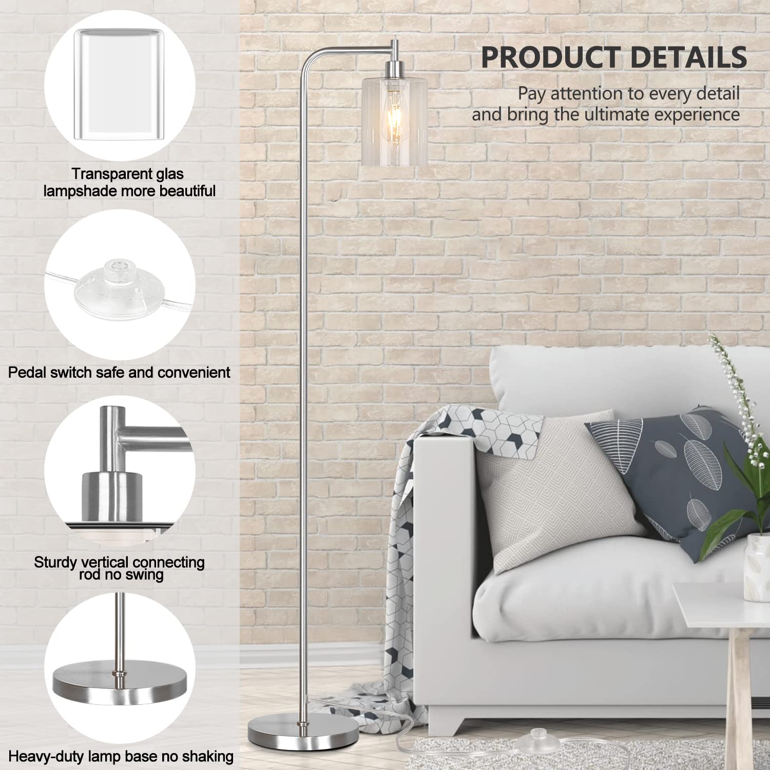 QiMH Industrial Floor Lamp for Living Room, Modern Standing Lamp with HD Glass Lampshade and Pedal Switch, 67” Tall Pole Light for Bedroom Study Room, Brushed Silver (2700K LED Bulb Included)