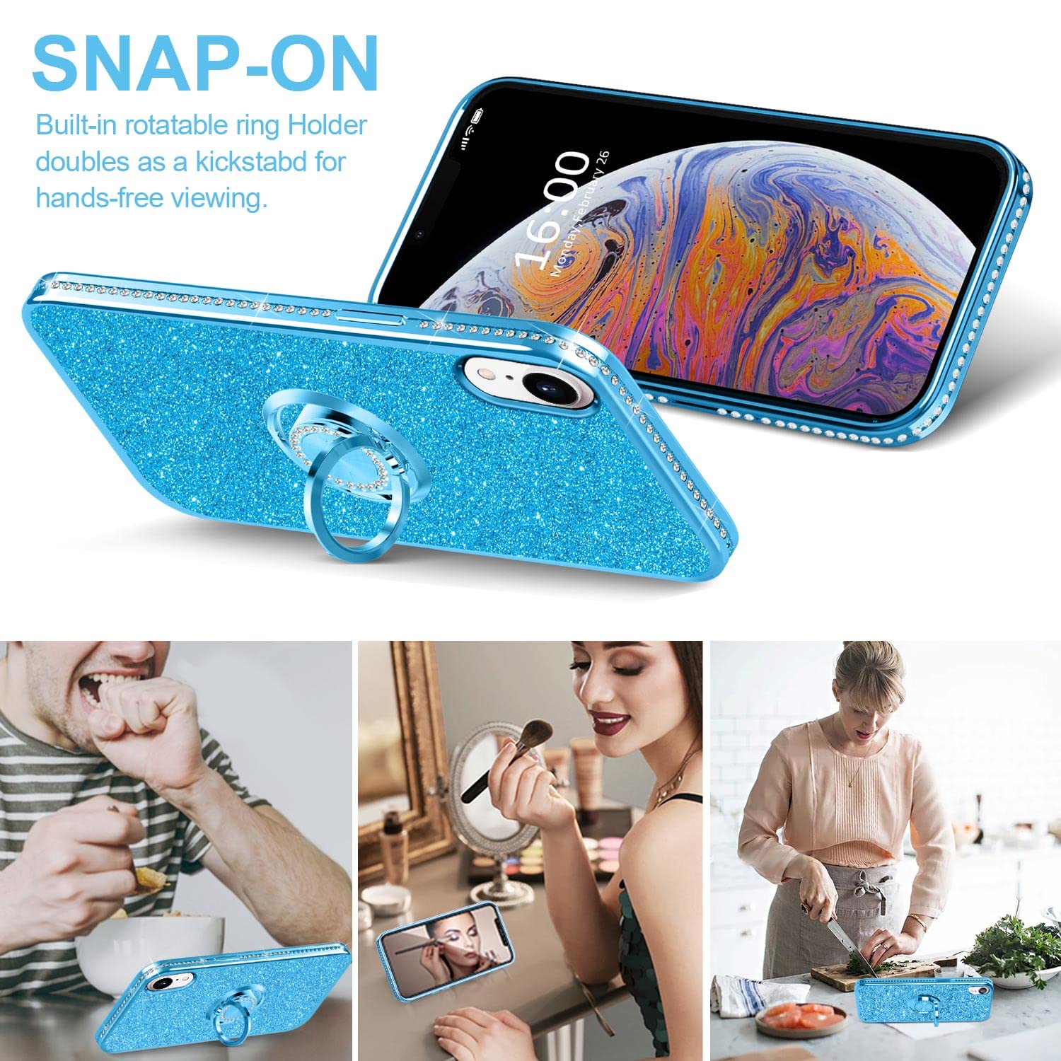 Thomo Compatible with iPhone XR Glitter Case 6.1 Inch, Slim Shockproof Cute Diamond Phone Case with Ring Holder Bling iPhone XR Case for Women Girls-Purple