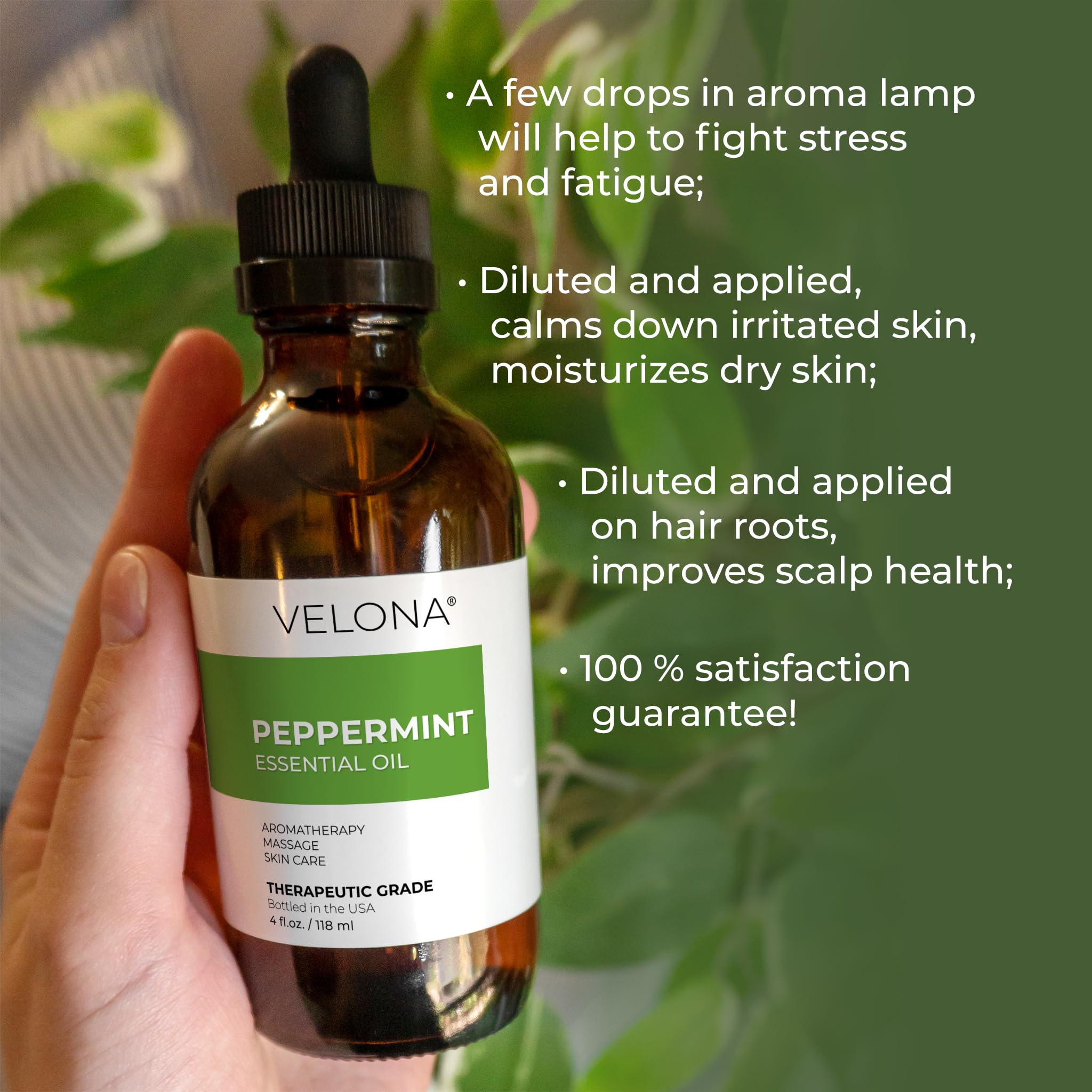 Peppermint Essential Oil by Velona - 4 oz | Therapeutic Grade 100% Pure and Natural | for Aromatherapy Diffuser, Massage, Skincare, Haircare, Soapmaking | Undiluted and Multipurpose in Glass Bottle